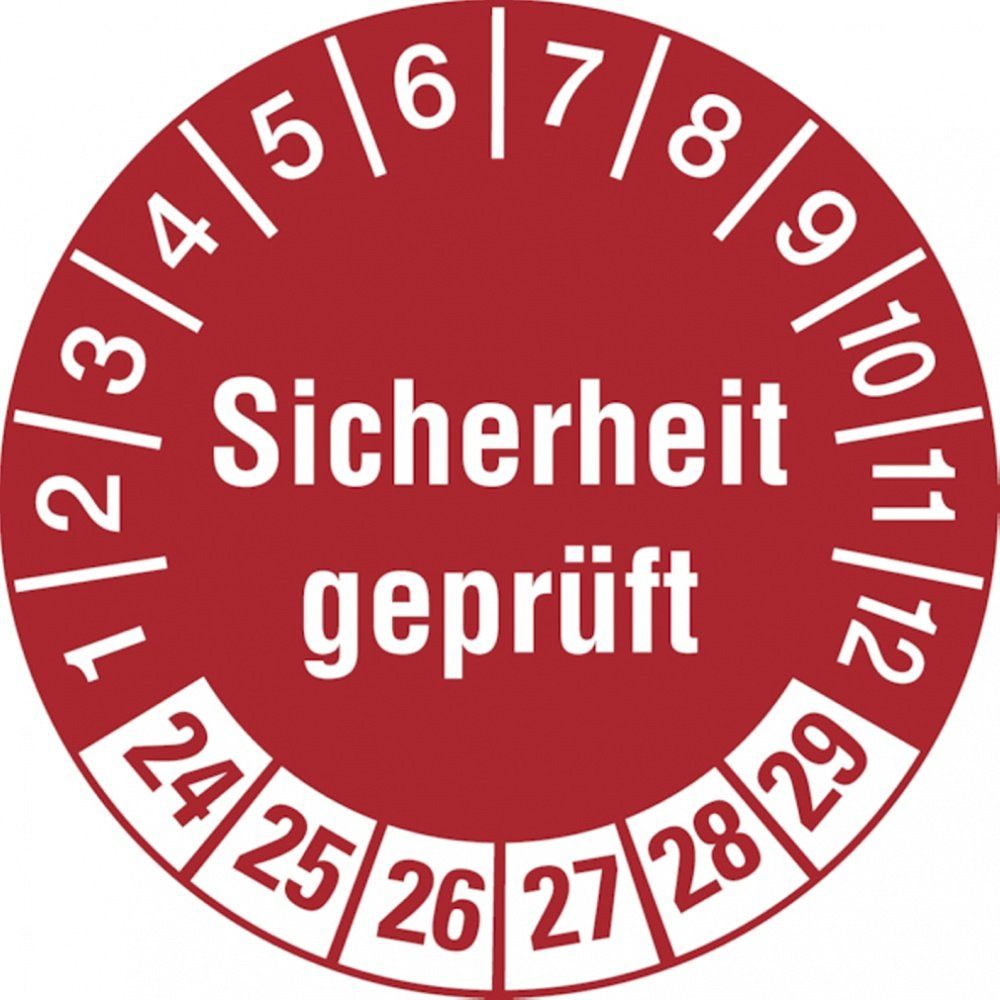 König Werbeanlagen Hinweisschild Prüfplakette, Sicherheit geprüft, Rot/Weiß, Folie, Ø30mm, Bo ...