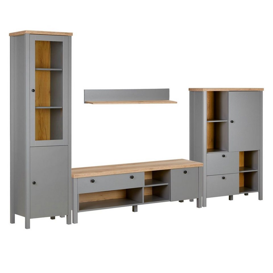 Homestyle4u Wohnwand Anbauwand Set 4 Tlg Grau Schrankwand Set