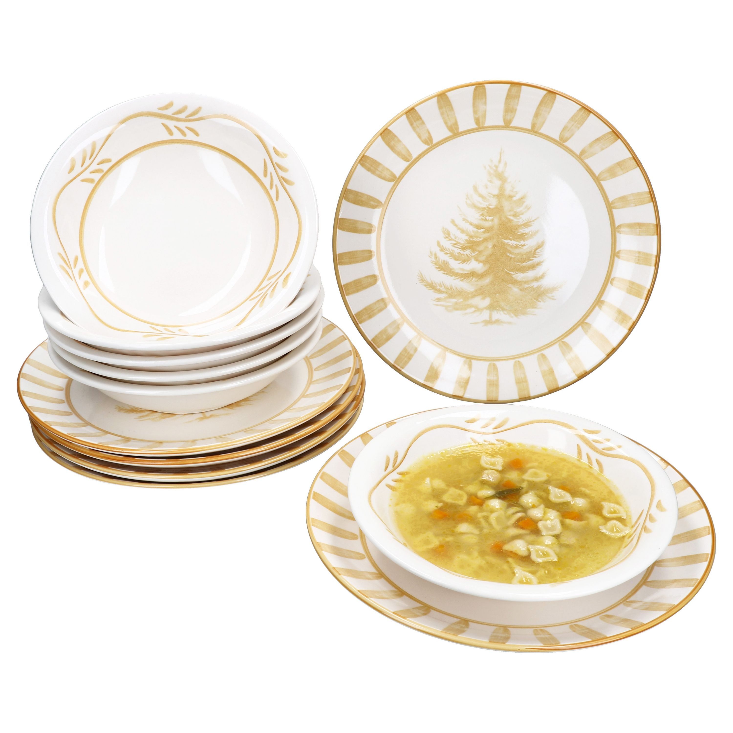 MamboCat Tafelservice 12tlg Tafelservice Wald ocker 6 Personen Essteller Suppenteller, Steingut ...