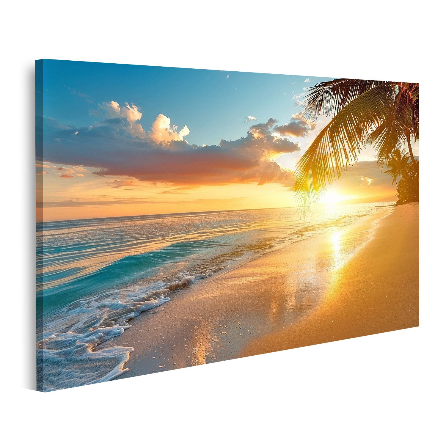 islandburner Leinwandbild, Sonnenuntergang am tropischen Strand mit Palmen, Format: 100x57cm