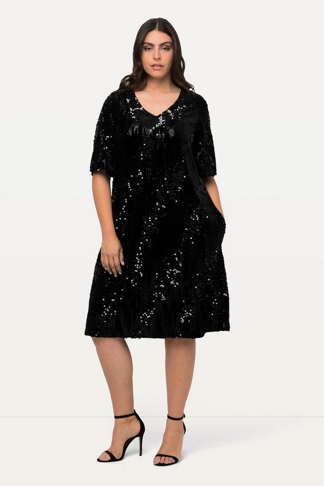 Ulla Popken Cocktailkleid Samtkleid Pailletten A Linie V Ausschnitt 3 4 Arm