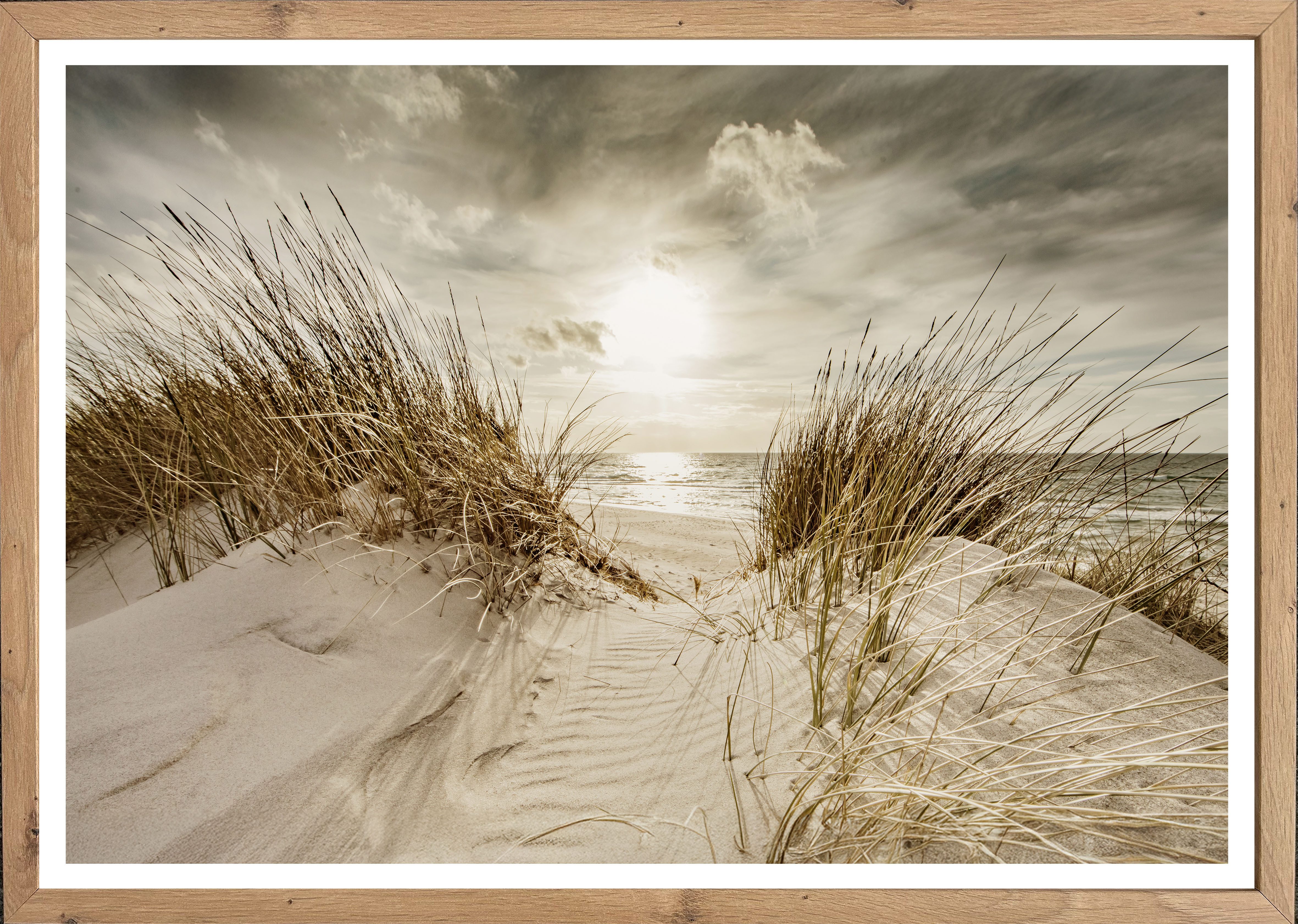 Bönninghoff Bild mit Rahmen, Düne, Gräser, Küste, Landschaft, Meer, Natur, Sonnenaufgang ...