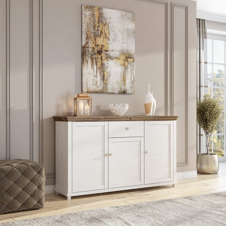 Lomadox Kommode Epsom 83 Sideboard Landhaus Weiß Abisko Esche Nb