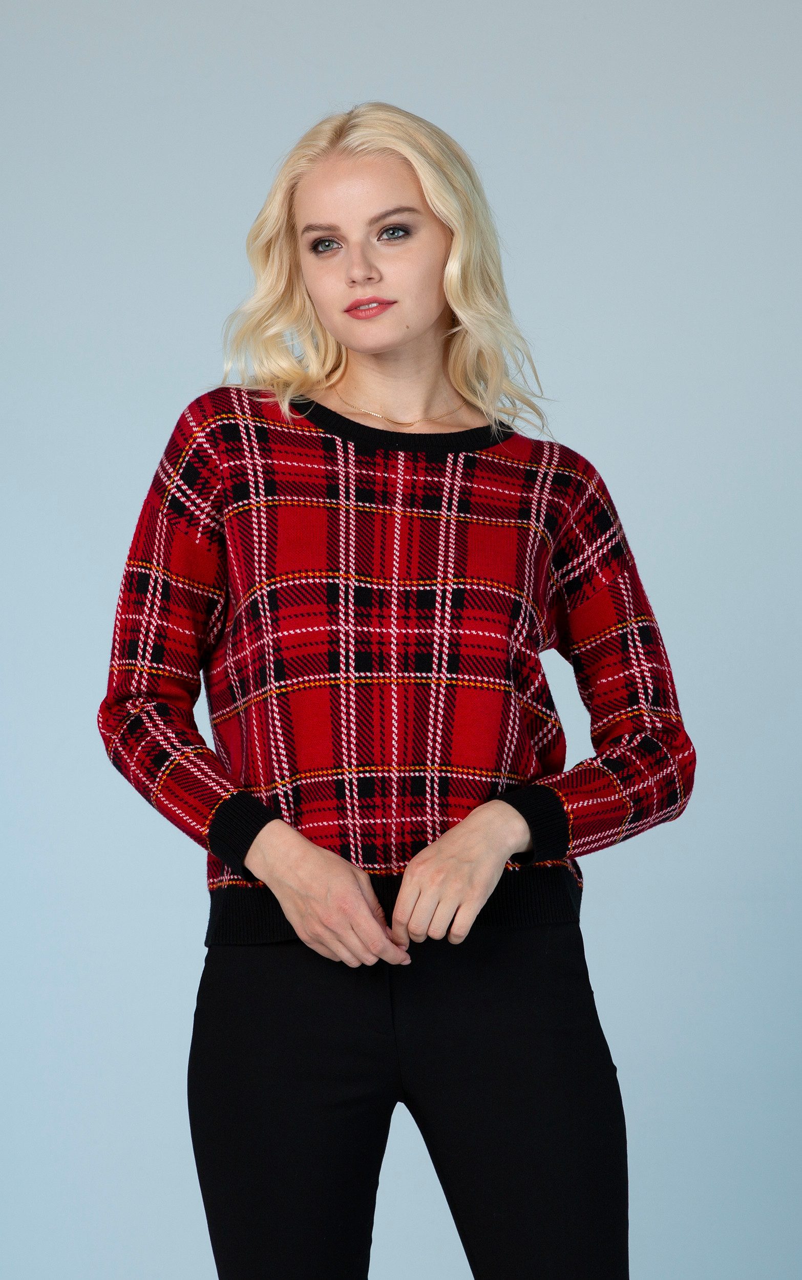 Passioni Strickpullover roter Pullover mit Karomuster