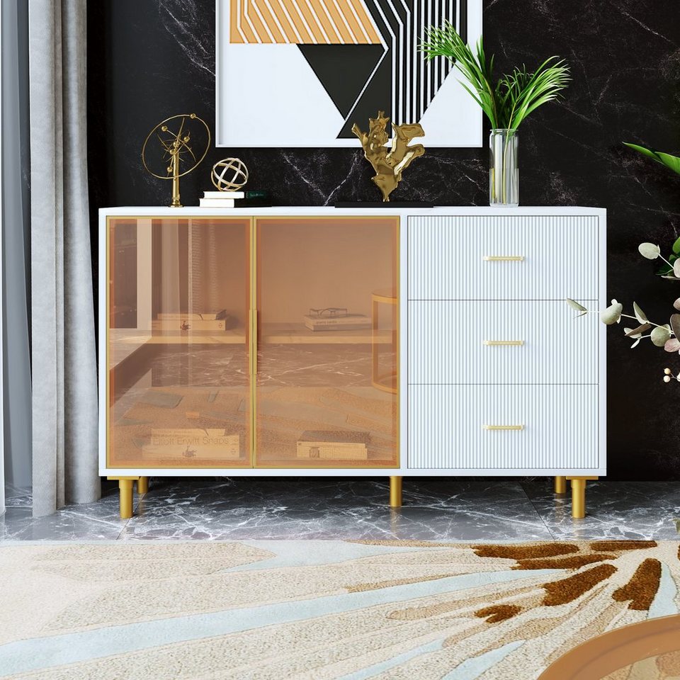 Merax Sideboard Mit Glastüren In Marmoroptik Kommode Anrichte B150cm