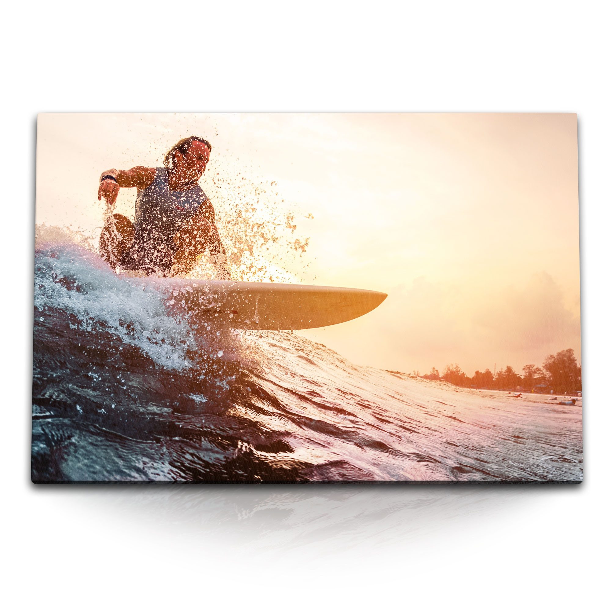 Sinus Art Leinwandbild 120x80cm Wandbild auf Leinwand Surfer Wellenreiter Ozean Sonnenunterga ...