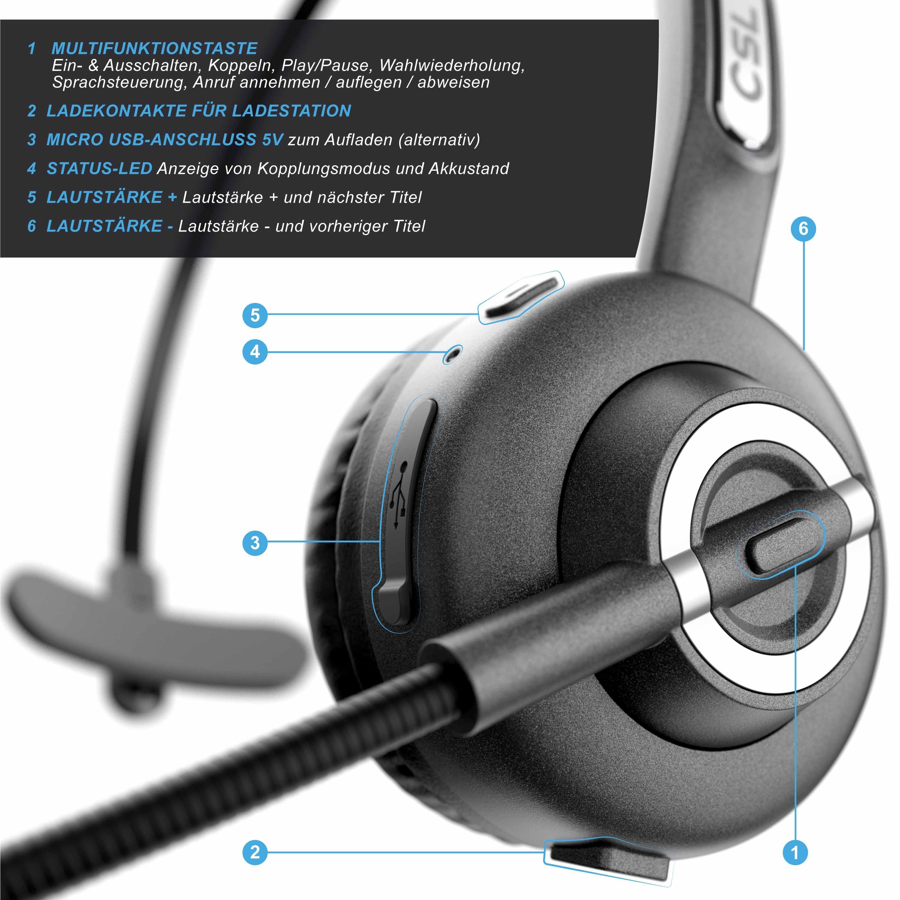 CSL Wireless-Headset (Bluetooth, Mono, Bluetooth, Ladestation ...