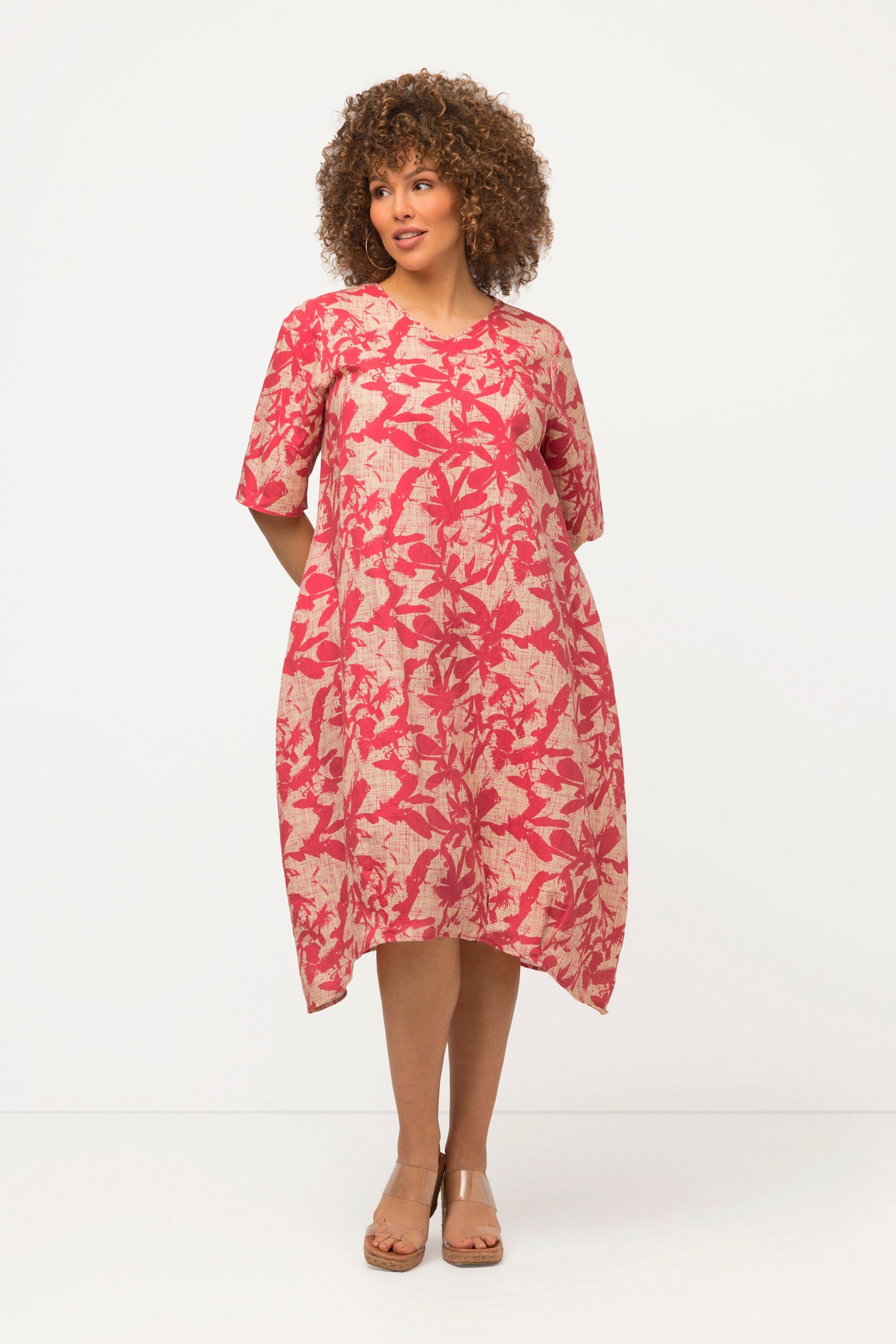 Ulla Popken Sommerkleid Midikleid Leinenmix Blätter V Ausschnitt Halbarm
