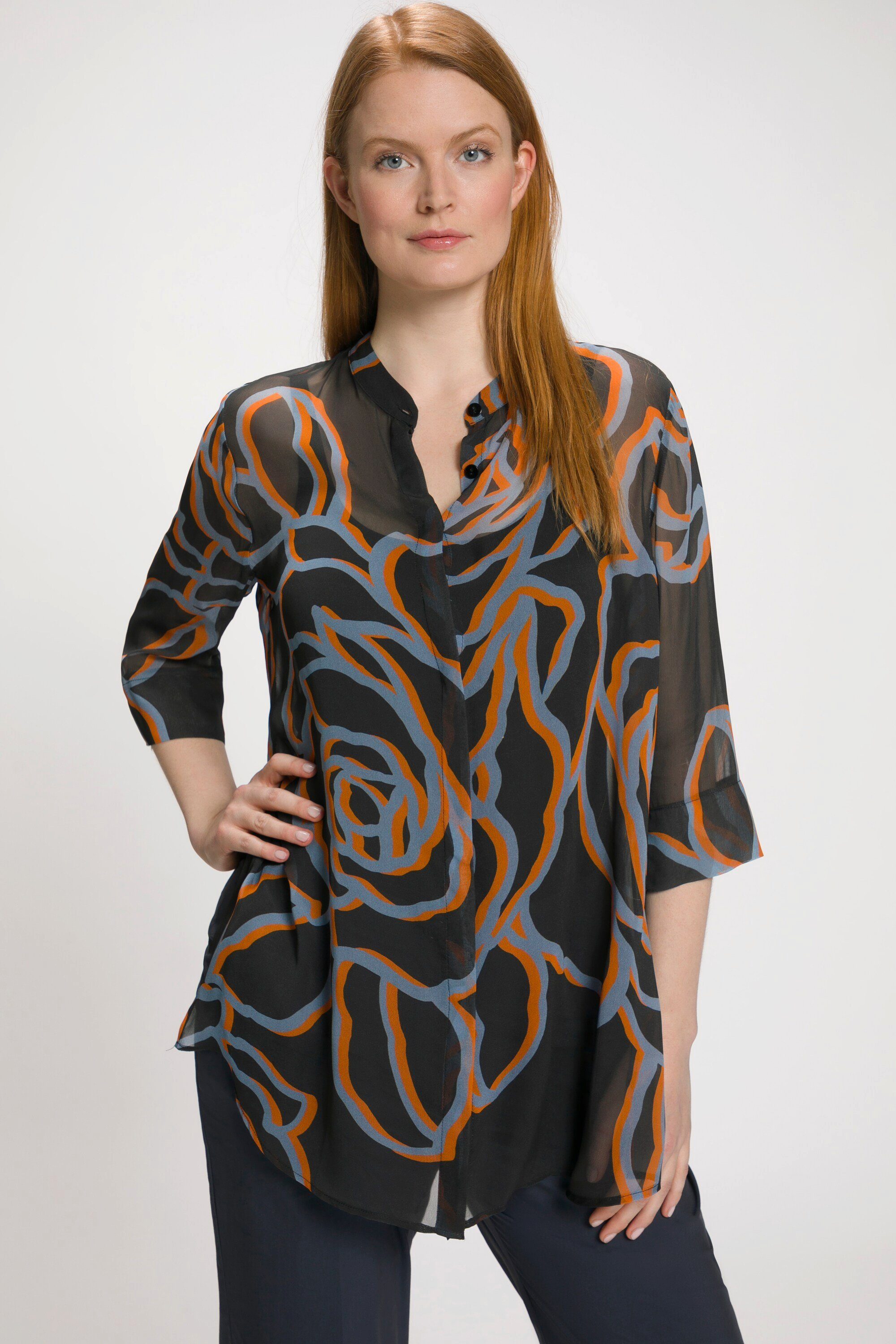 Ulla Popken Longbluse Longbluse Blüten A Linie Stehkragen 34 Arm
