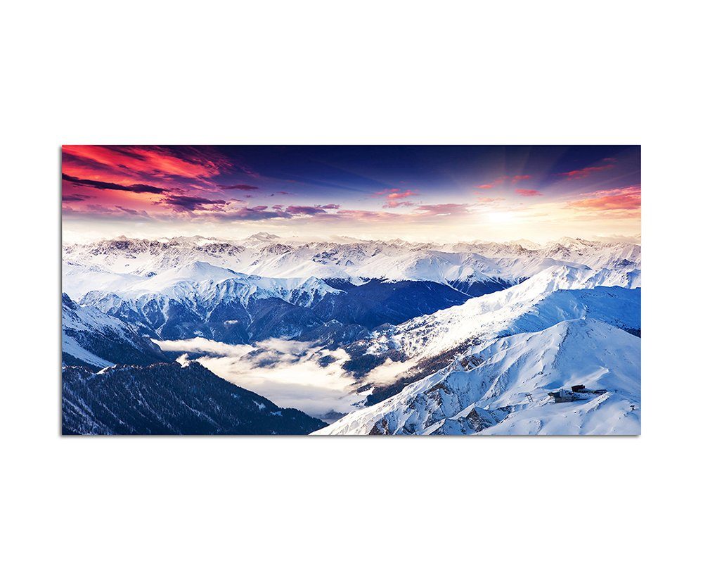 Sinus Art Leinwandbild 120x80cm Gebirge Schnee Nebel Sonne Abendrot