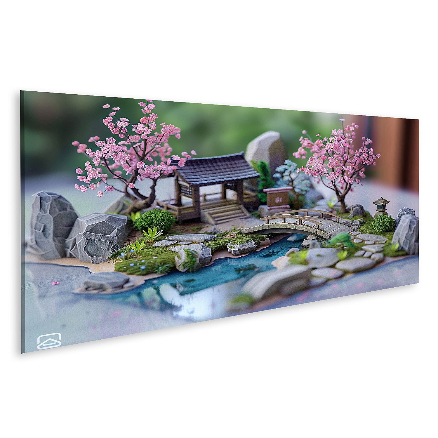 islandburner Leinwandbild Miniatur-Japanischer Zen-Garten mit Kirschblütenbaum, kleiner Brücke