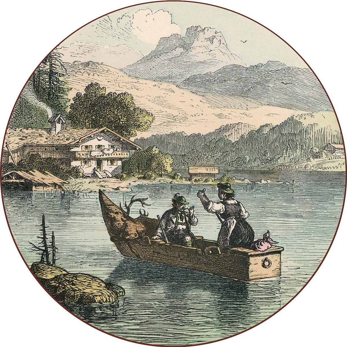 Kunstdruck Heimkehr nach der Jagd Wild Hirsch Haus Boot Schützenscheibe 41cm 136, (1 St)