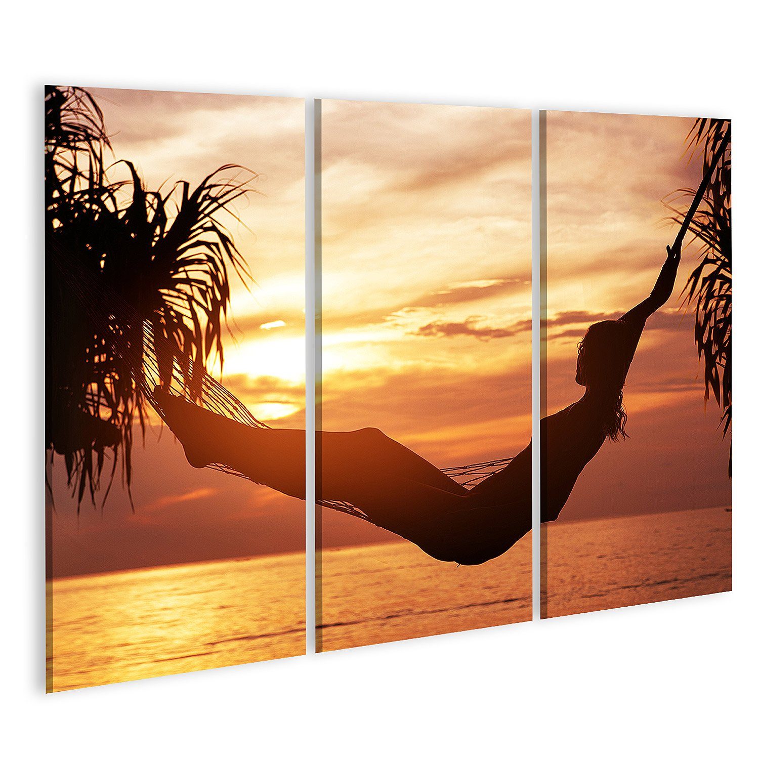 islandburner Leinwandbild »Bild auf Leinwand Mädchen In Hängematte Am Stand Unter Palmen ...