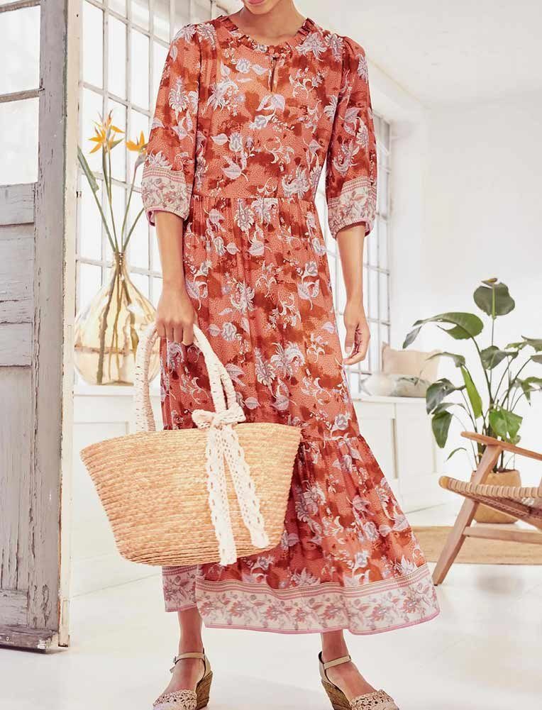 Heine Abendkleid Linea Tesini Damen Designer Druckkleid Papaya Elfenbein