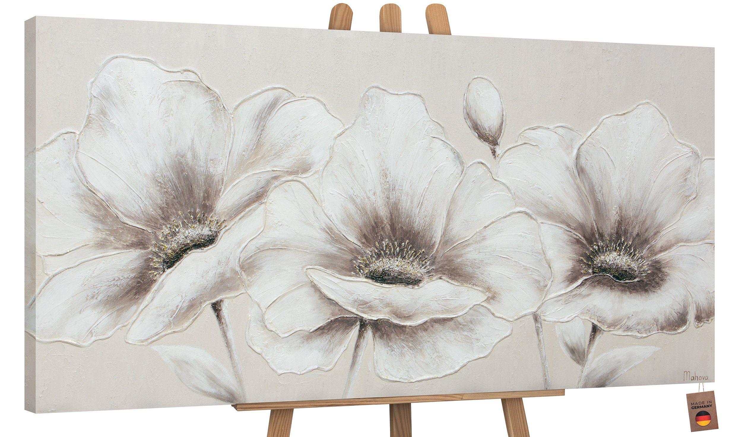 YS-Art Gemälde Blumen II, Blumen, Blumen auf Leinwand Bild Handgemalt Beige Weiß Schwarz