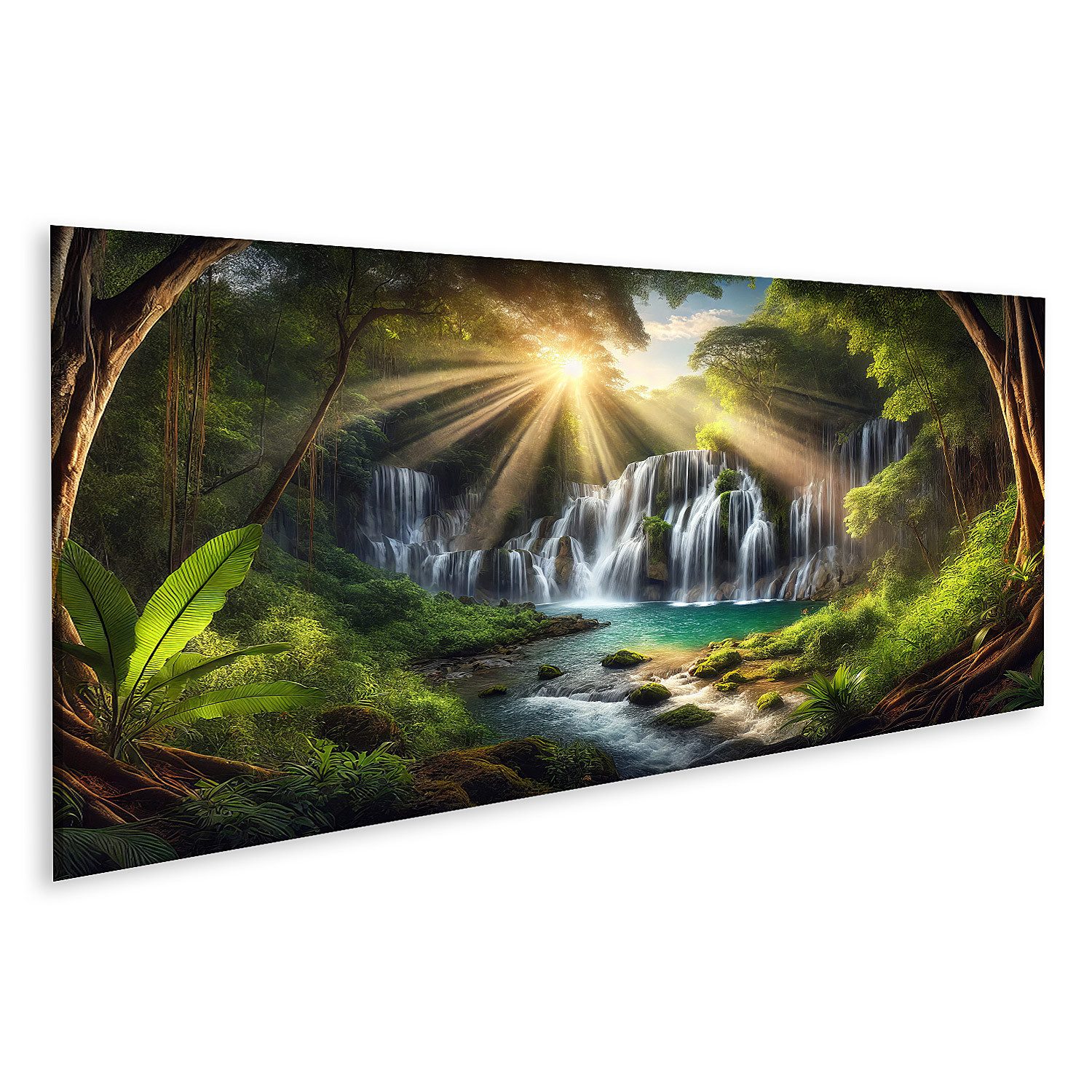 islandburner Leinwandbild Magische Sonnenstrahlen über paradiesischem Wasserfall - Hol Dir das