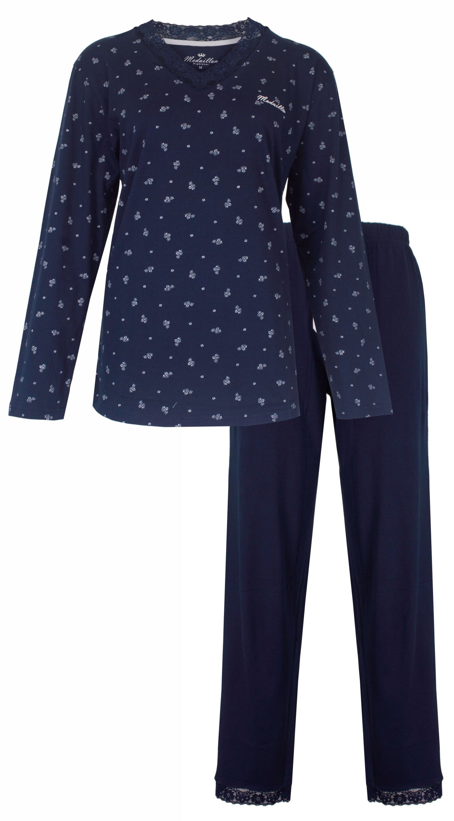 Medaillon Schlafanzug Damen Pyjama lang mit Spitze abgesetzt modisch (2 ...