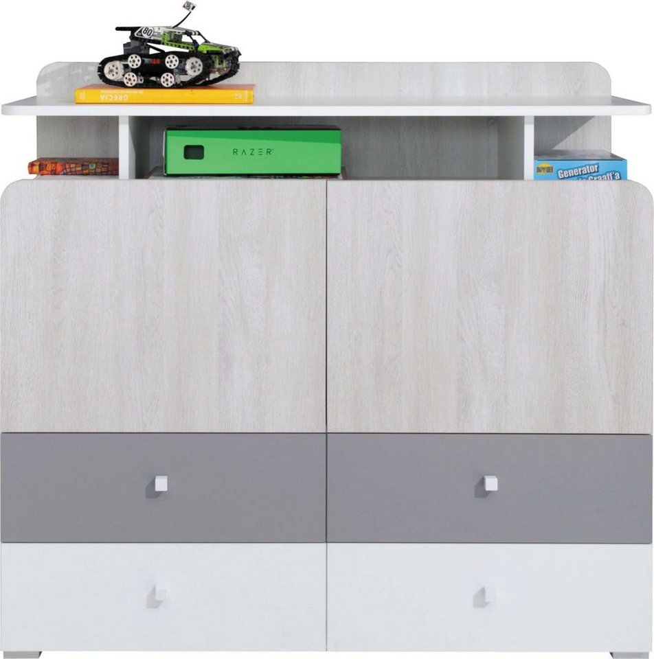 99rooms Kinderkleiderschrank Rono Weiß Hochglanz Eiche Wilton Weiss