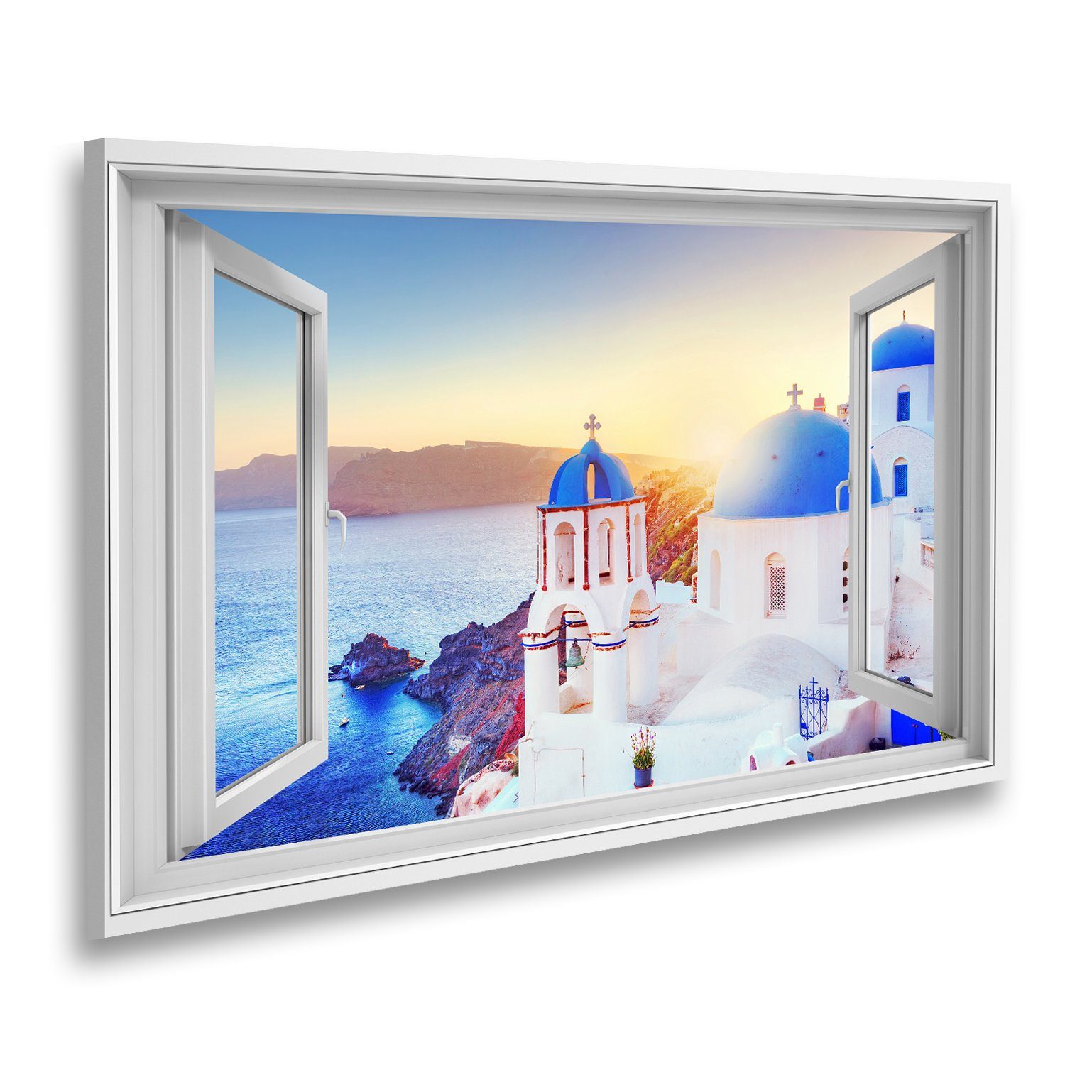 islandburner Leinwandbild Fensterblick Stadt Oia auf Santorin Griechenland bei Sonnenuntergang S