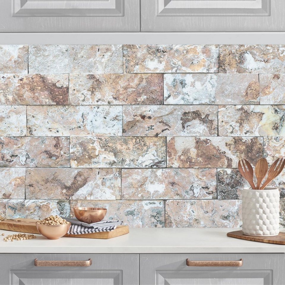 Bilderdepot24 Küchenrückwand Beige Dekor 3d Optik Muster Steinoptik