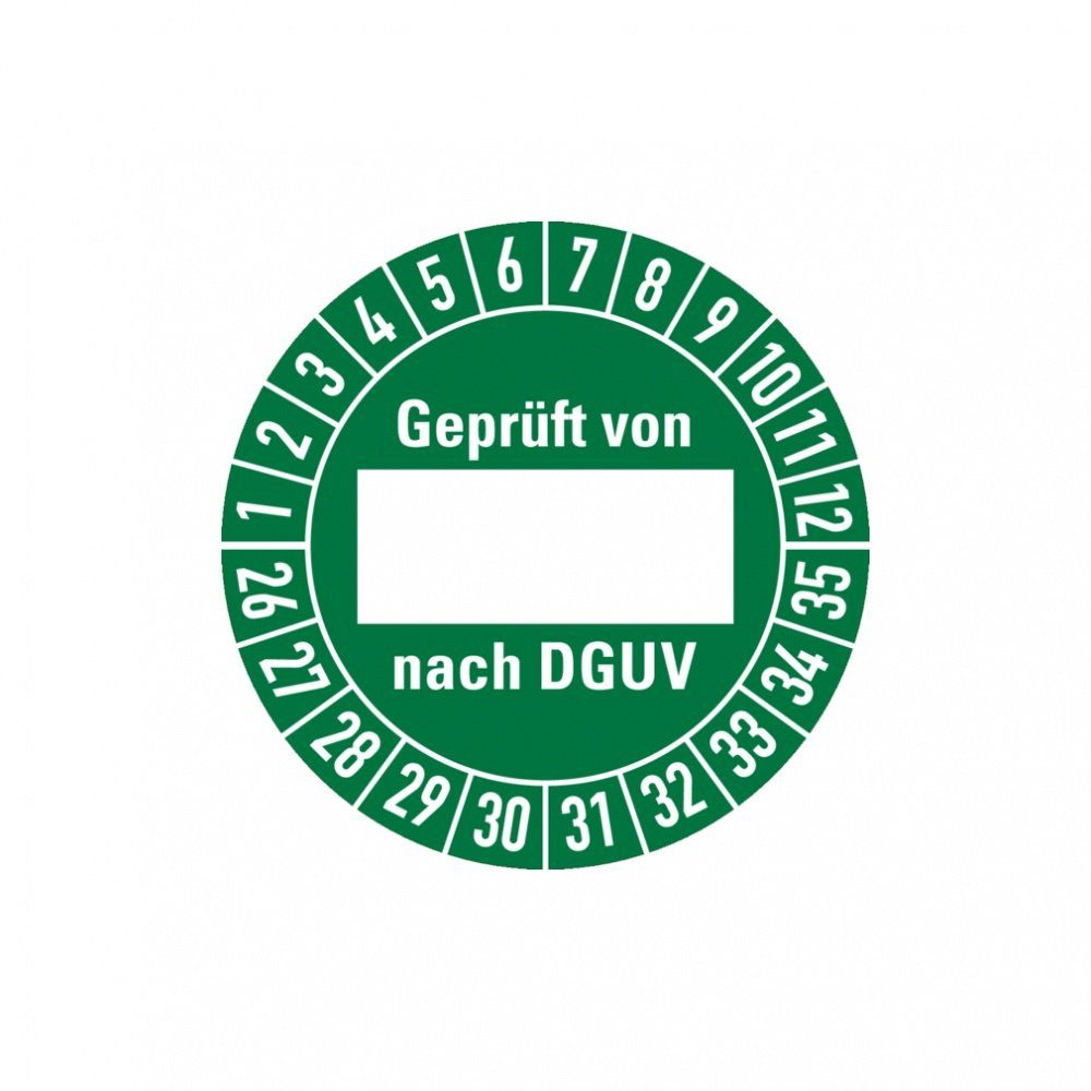 König Werbeanlagen Hinweisschild Prüfplak., gepr. von nach DGUV, grün/weiß, Folie, Ø30mm, 10Plak ...