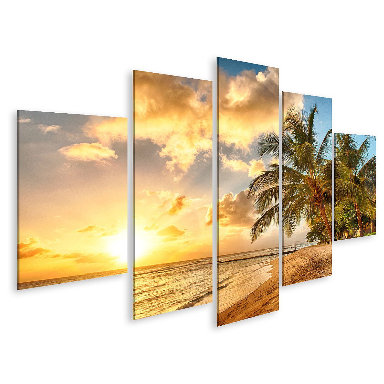 islandburner Leinwandbild Bild auf Leinwand Schöner Sonnenuntergang Meer Mit Blick Auf Palmen Am