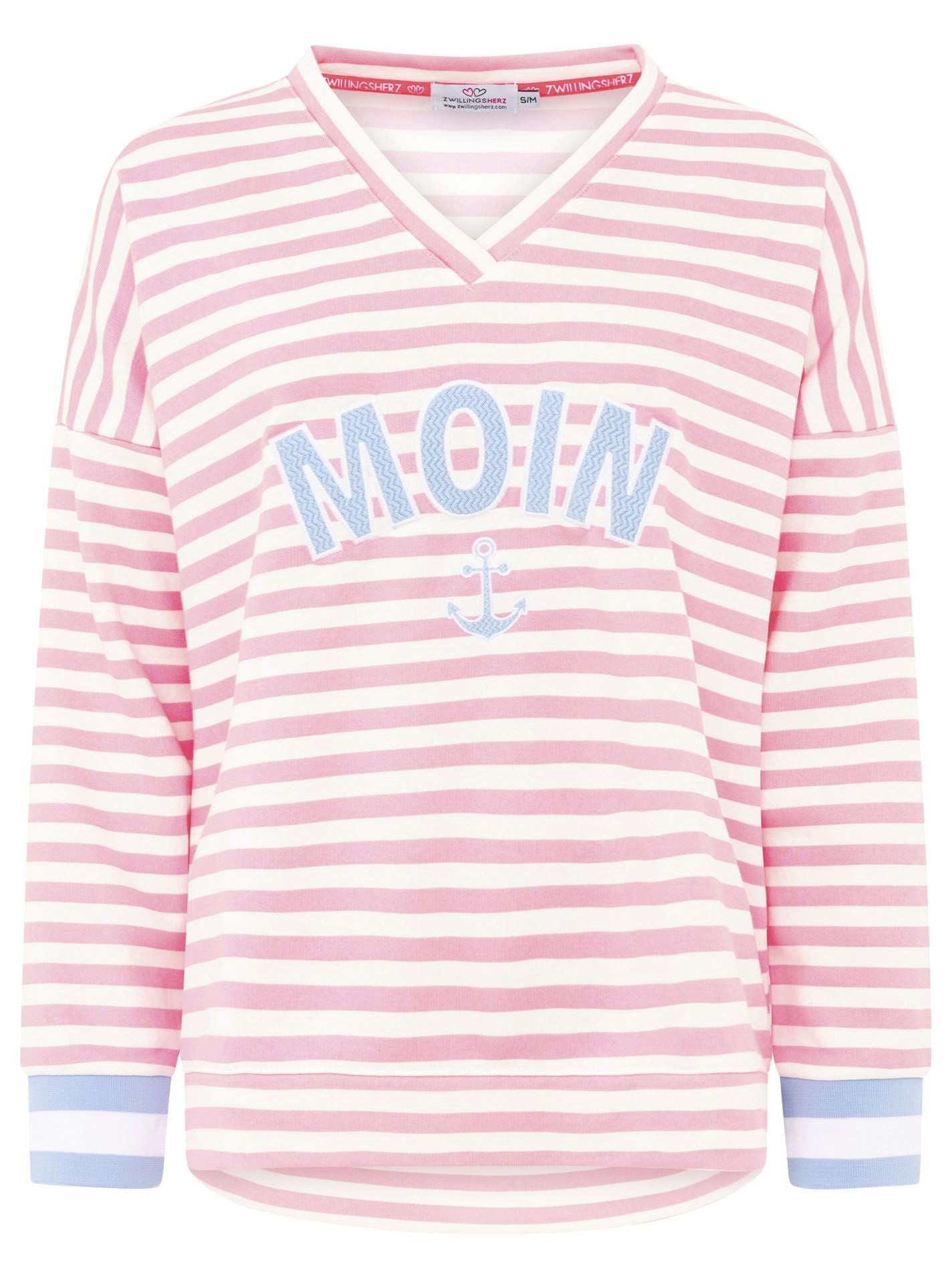 Zwillingsherz Sweatshirt Streifen Moin Anker - V-Ausschnitt