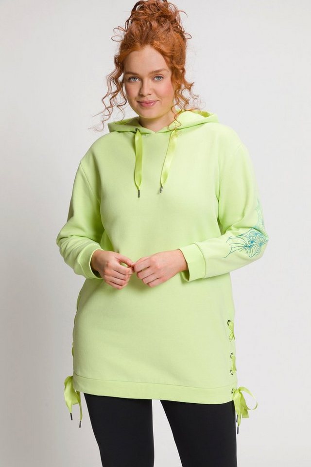 Ulla Popken Sweatshirt Long Hoodie Satin Schnürung Muschel Langarm