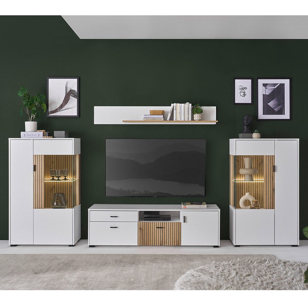Lomadox Wohnwand Hunter 61 4 St 4 Tlg Weiß Matt Eiche Gerillt