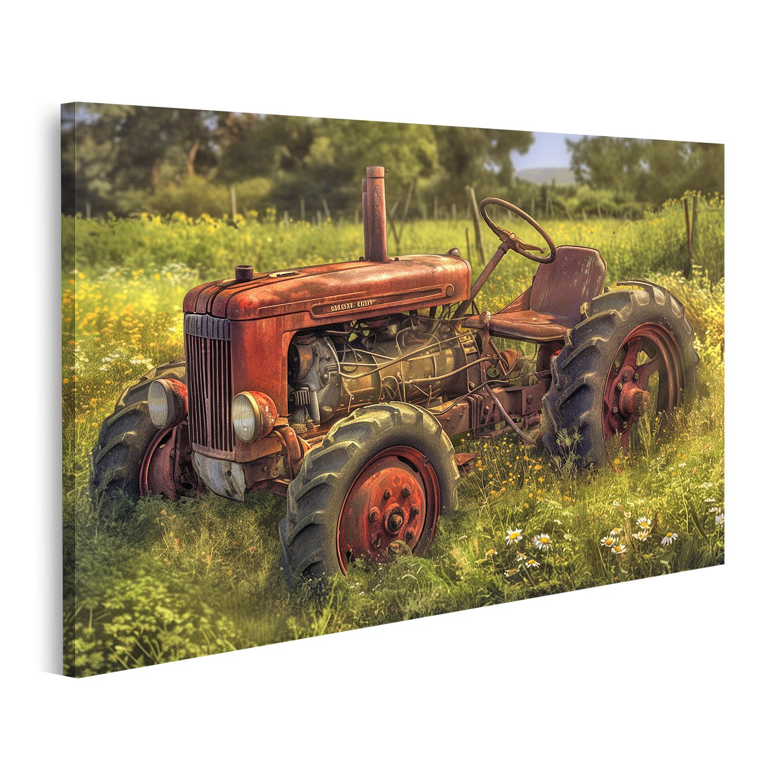 Islandburner Leinwandbild Alter Traktor In Blühendem Feld Format 80x40cm