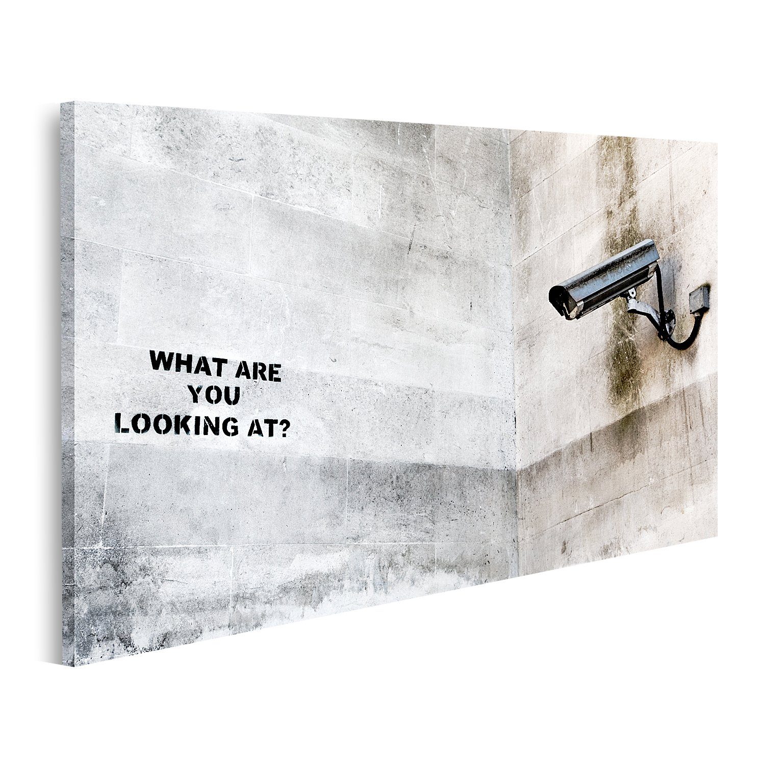 islandburner Leinwandbild Bild auf Leinwand Betonwand Mit Überwachungskamera Banksy What Are You