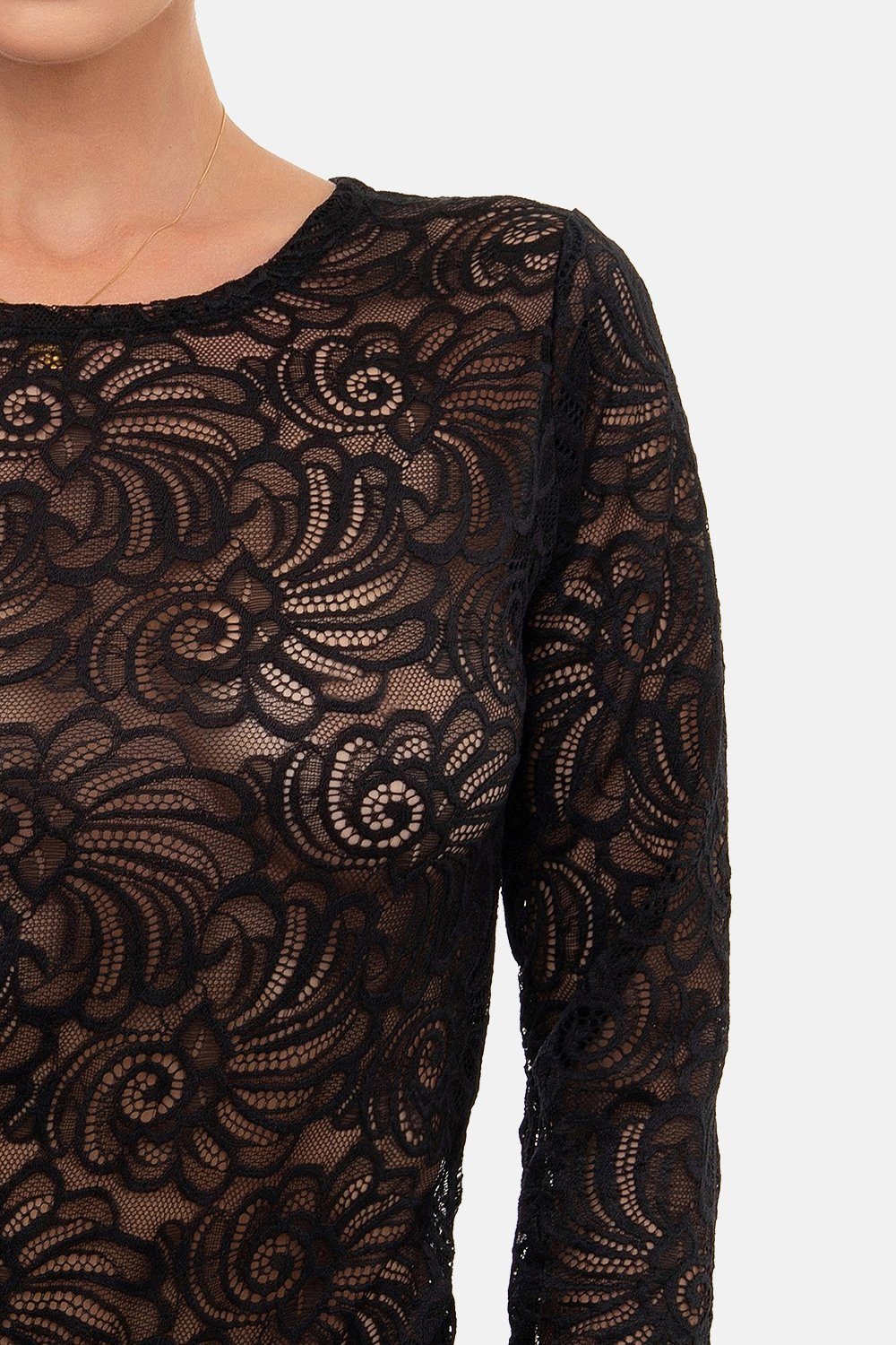 Evoni Body Damen Langarmbody Spitze Rundhals