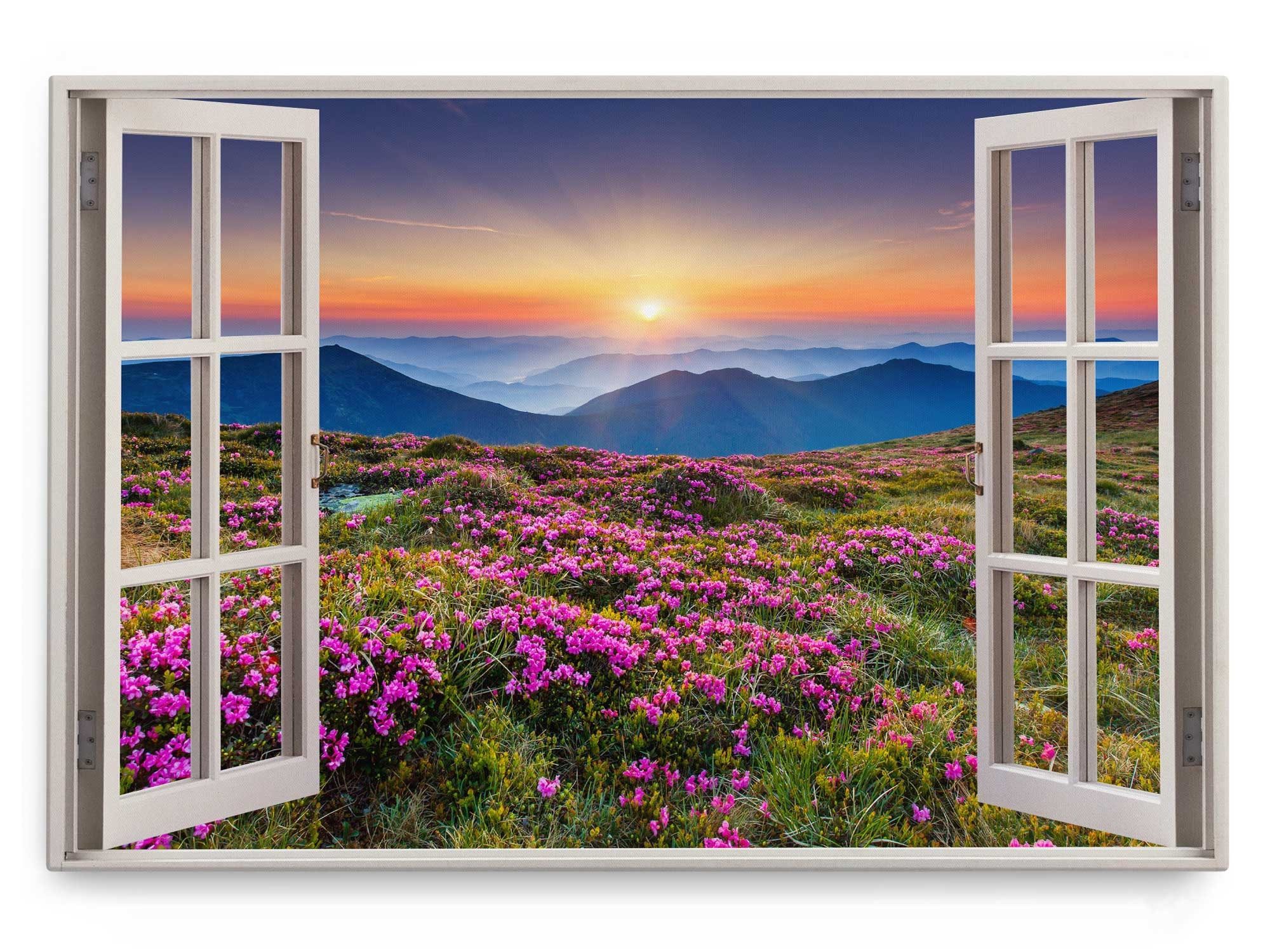 Sinus Art Leinwandbild Wandbild 120x80cm Fensterbild Alpenlandschaft Wildblumen Blumen Berge, (1 St)