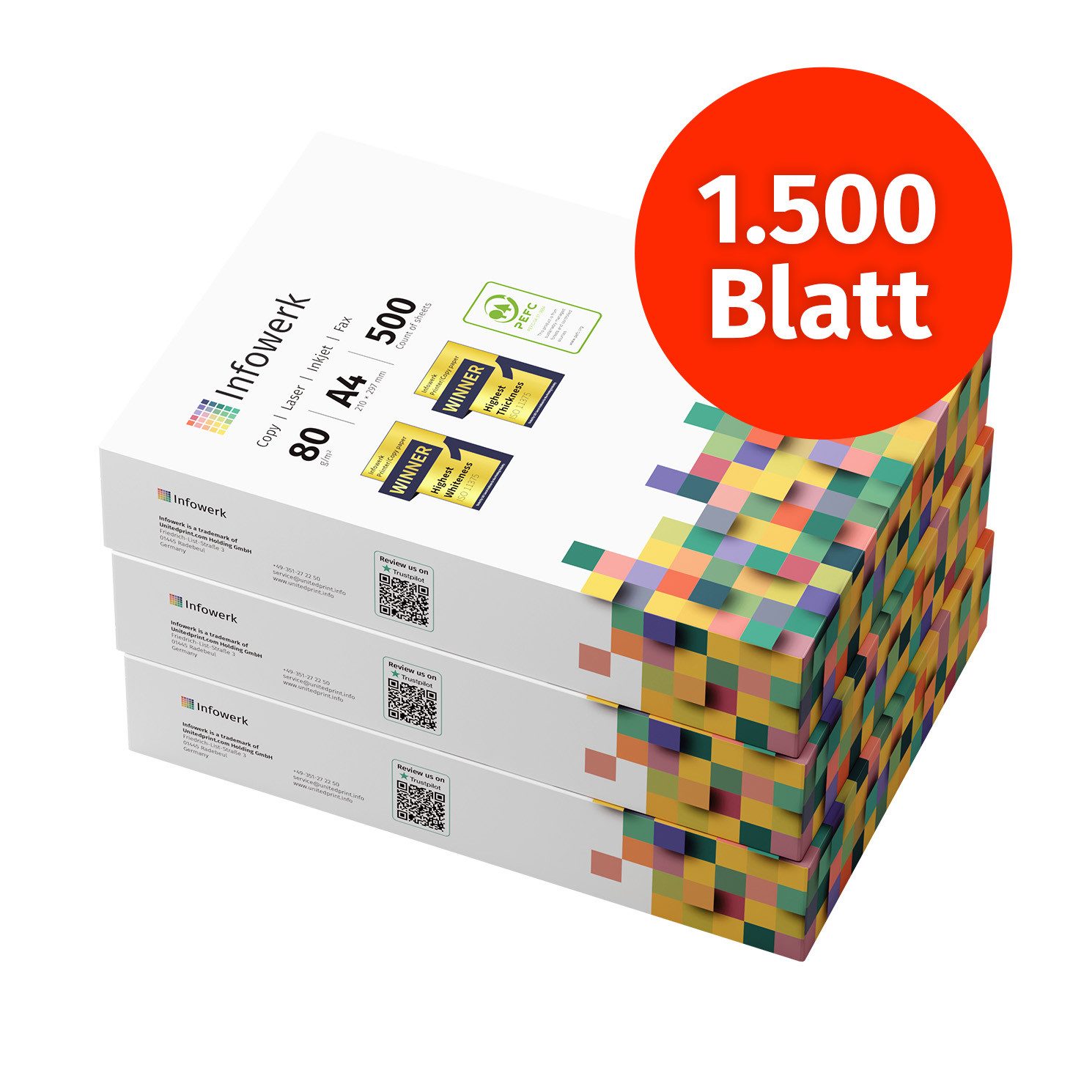 Infowerk Druckerpapier Druckerpapier Kopierpapier 1500 Blatt A4 80g premium hochweiß