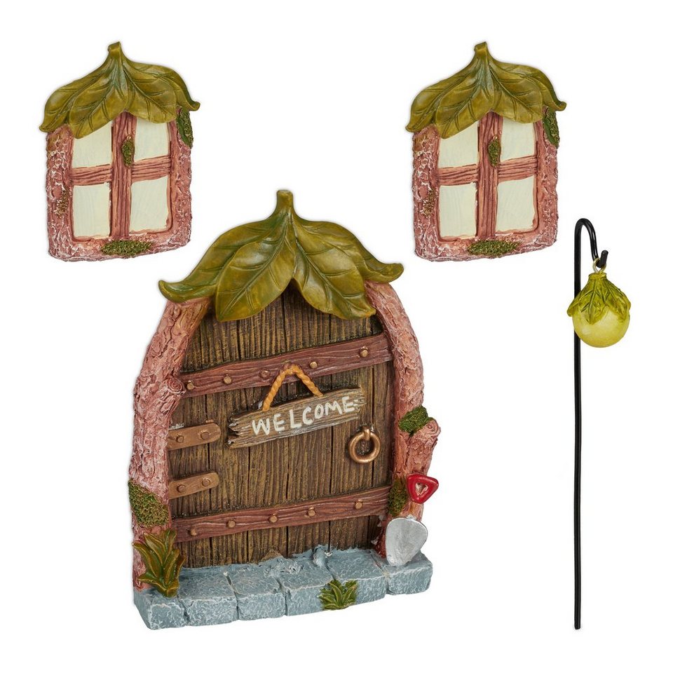 Relaxdays Gartenfigur Feentür Set Blätterdach