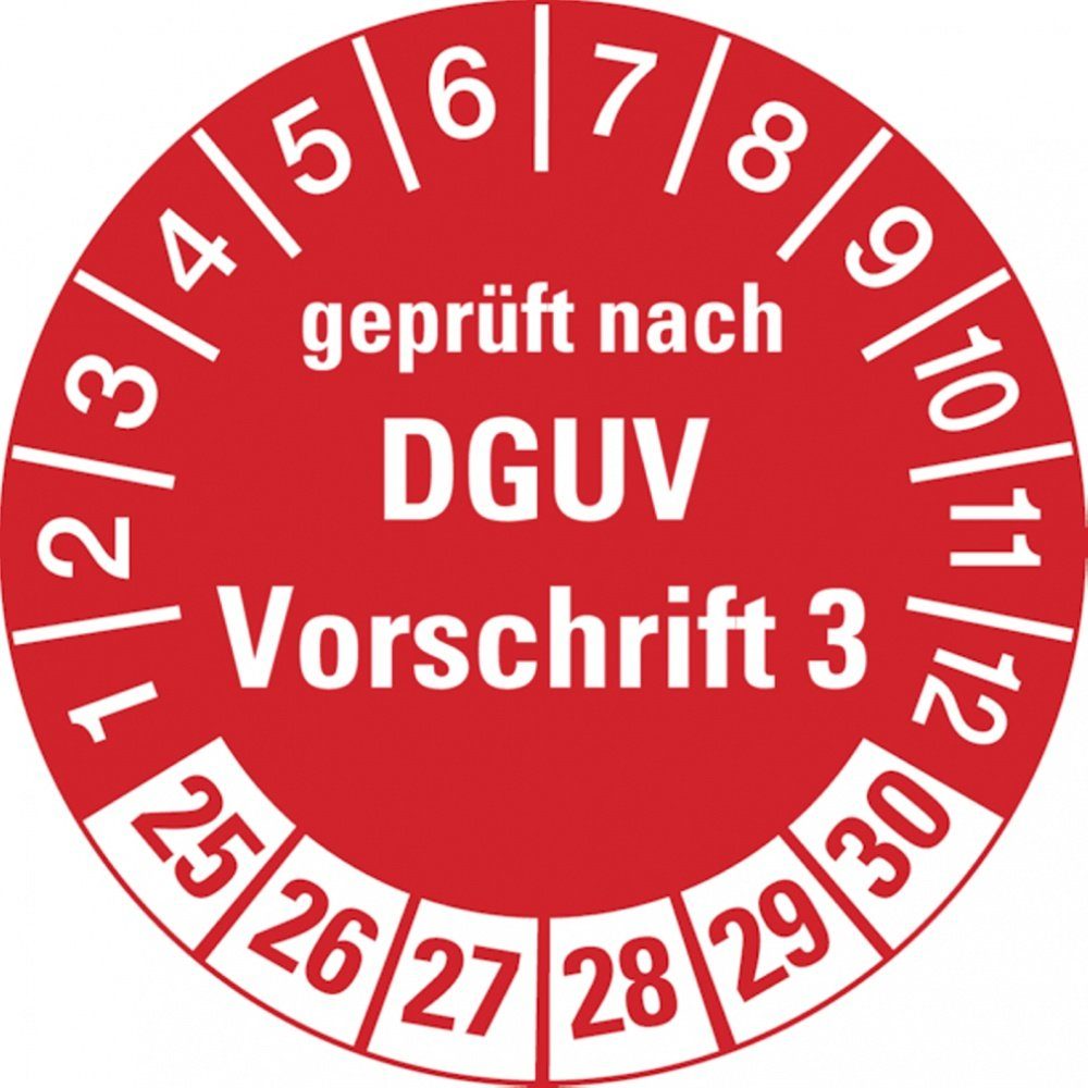 König Werbeanlagen Hinweisschild Prüfplak., gepr. nach DGUV Vorschr. 3, rot/weiß, Ø30mm, Box à ...