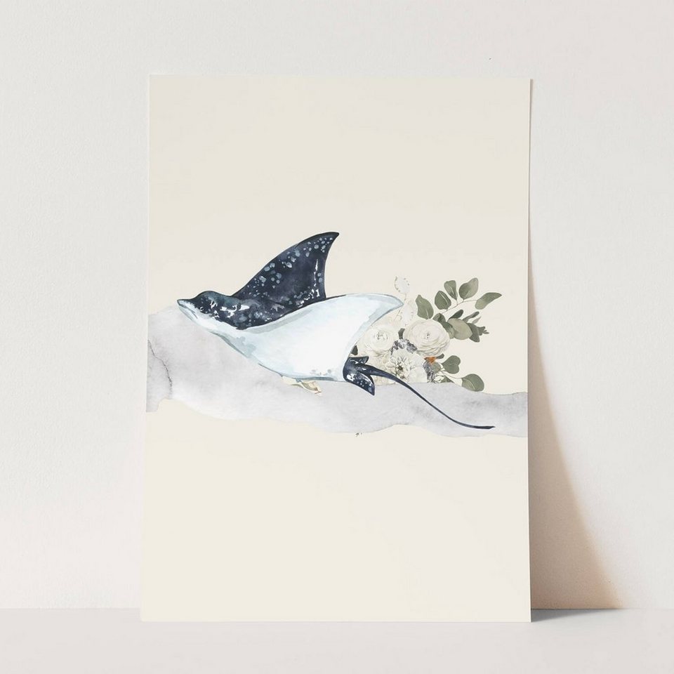Sinus Art Wandbild Wandbild Riesenrochen Rochen Wasserfarben Blumen Blüten