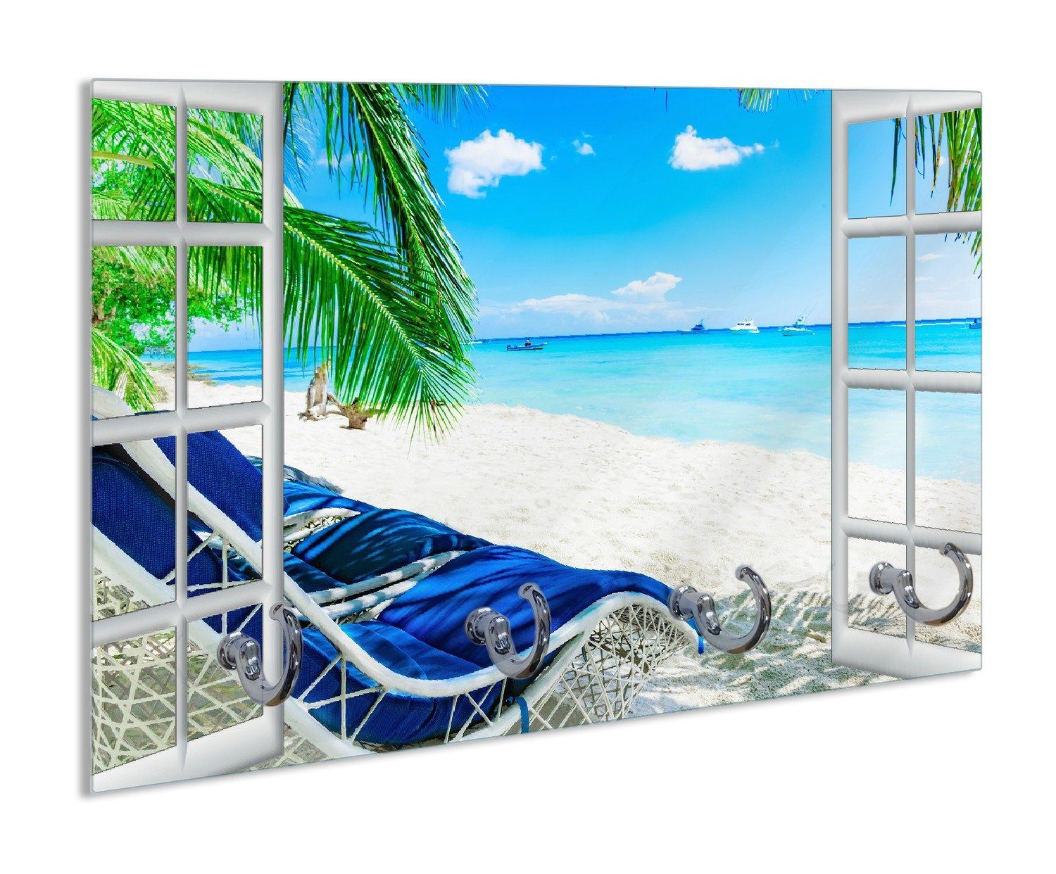 Wallario Handtuchhalter Blick durch ein Fenster auf den Strand, aus Glas mit 4 Metallhaken