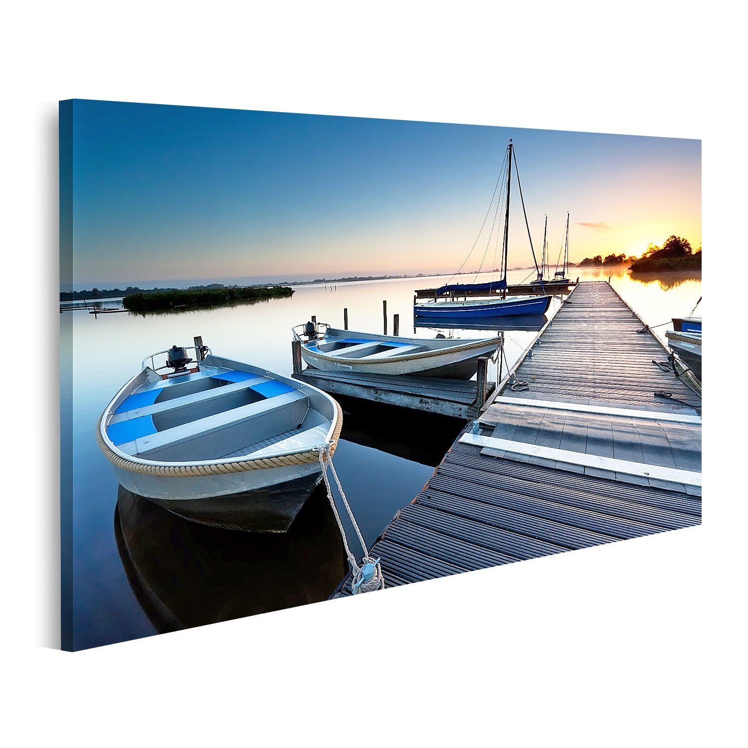 islandburner Leinwandbild Bild auf Leinwand Sonnenaufgang Über See Hafen Mit Booten Und Pier 80