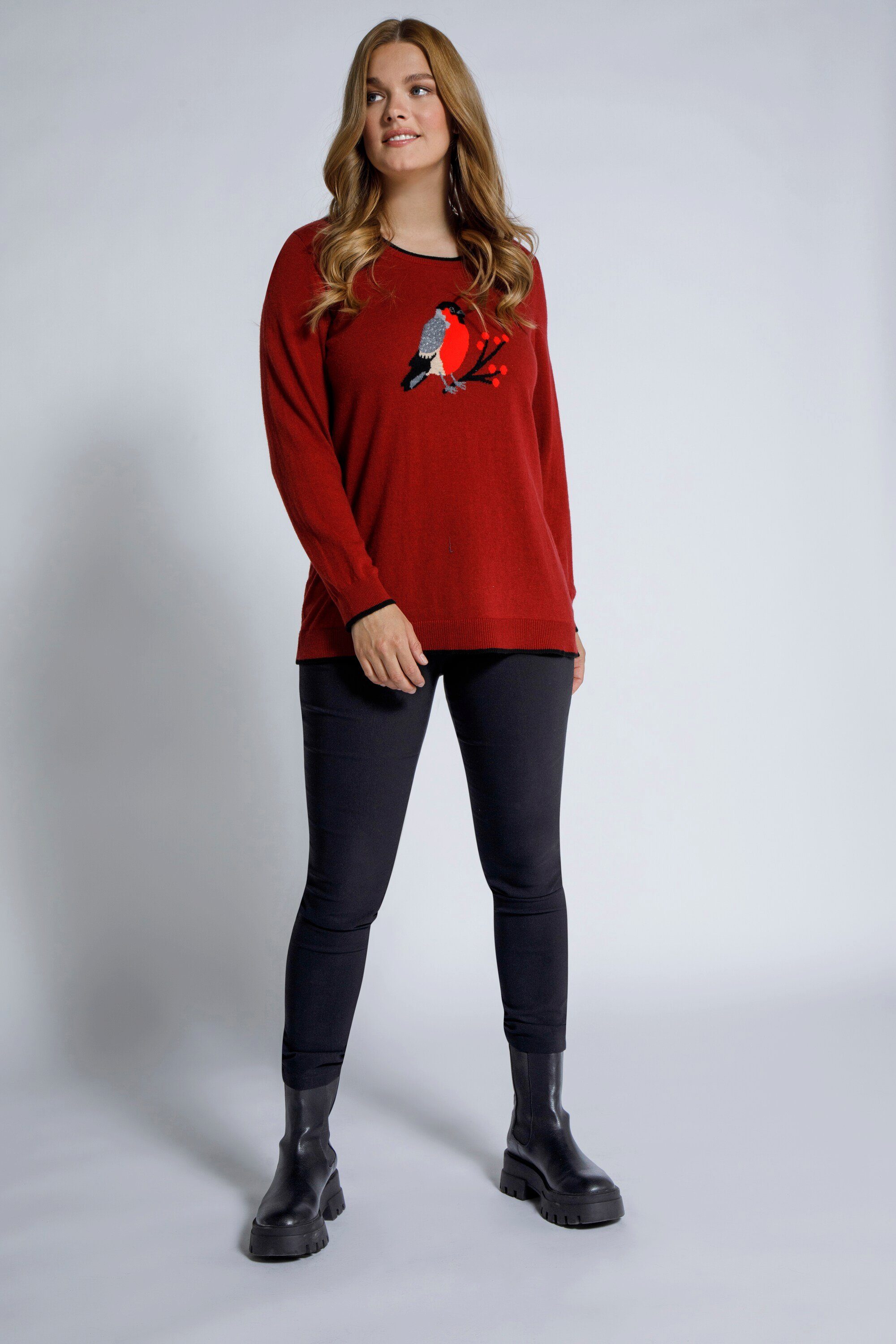 Ulla Popken Strickpullover Pullover Vogel Rundhals Langarm Streifenbündchen