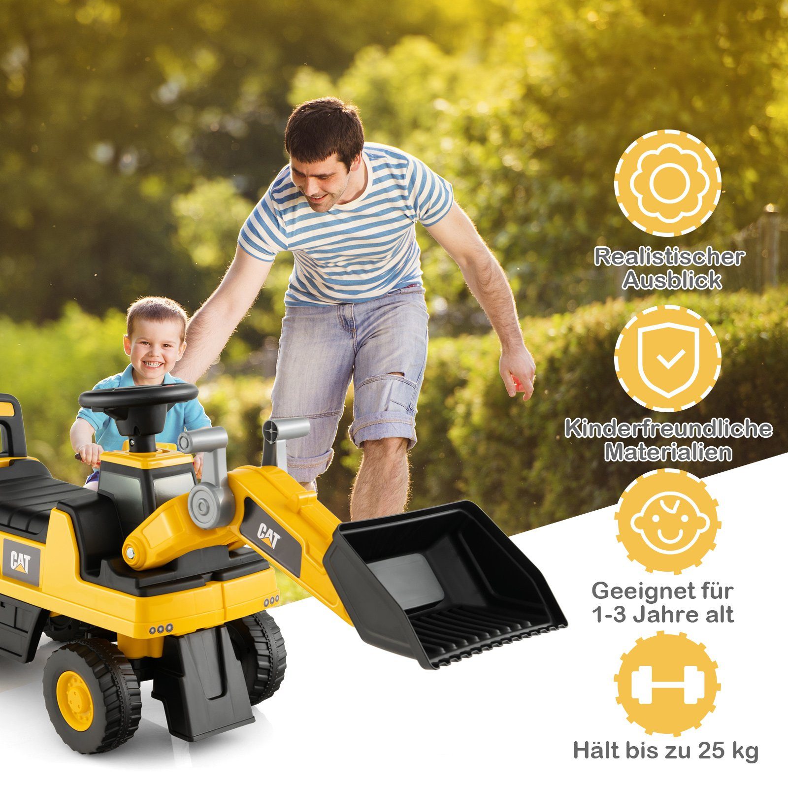 COSTWAY Spielzeug-Aufsitzbagger Sandbagger, mit Stauraum & Schaufel