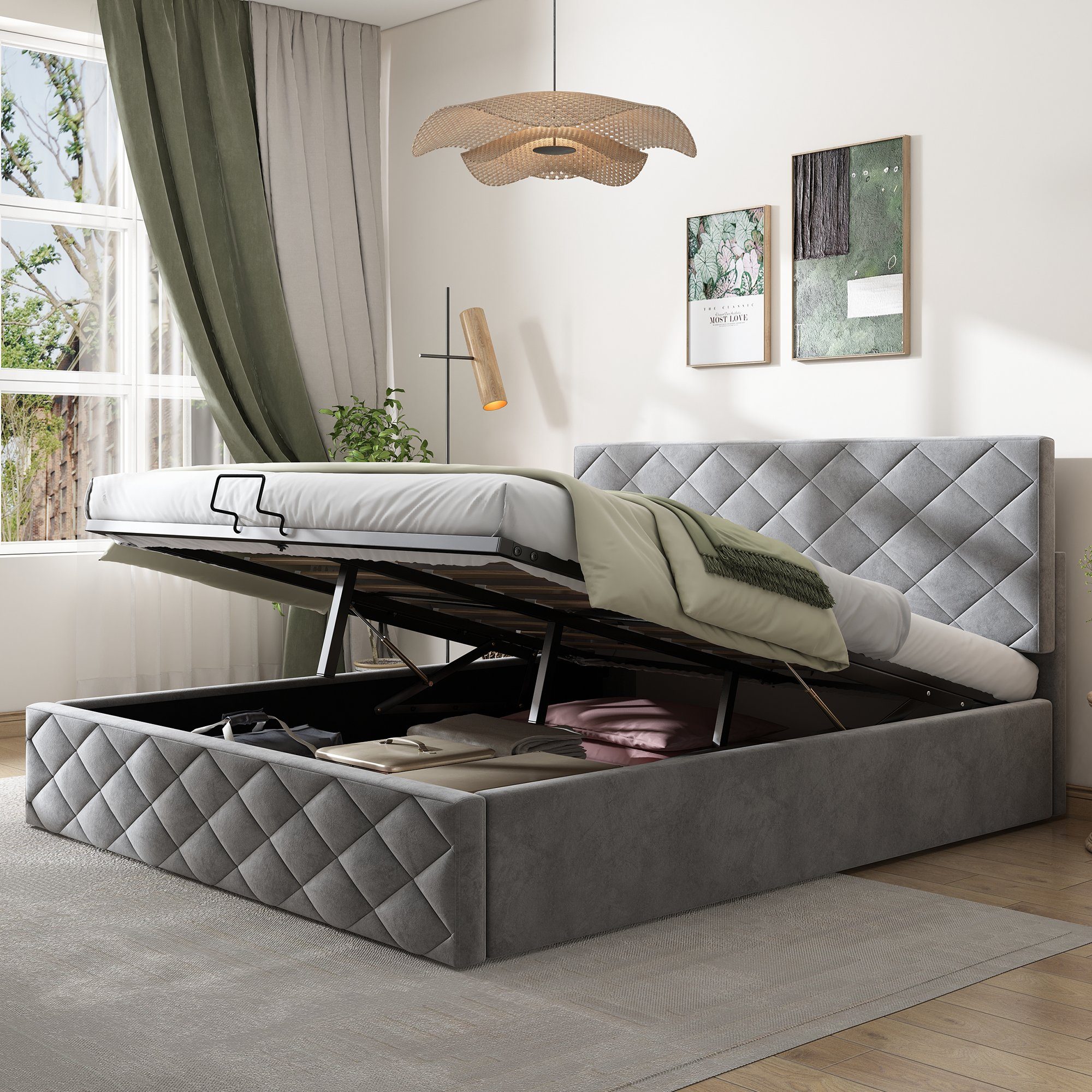 Ulife Polsterbett Grau Doppelbett Samt Hydraulisches Funktionsbett Mit