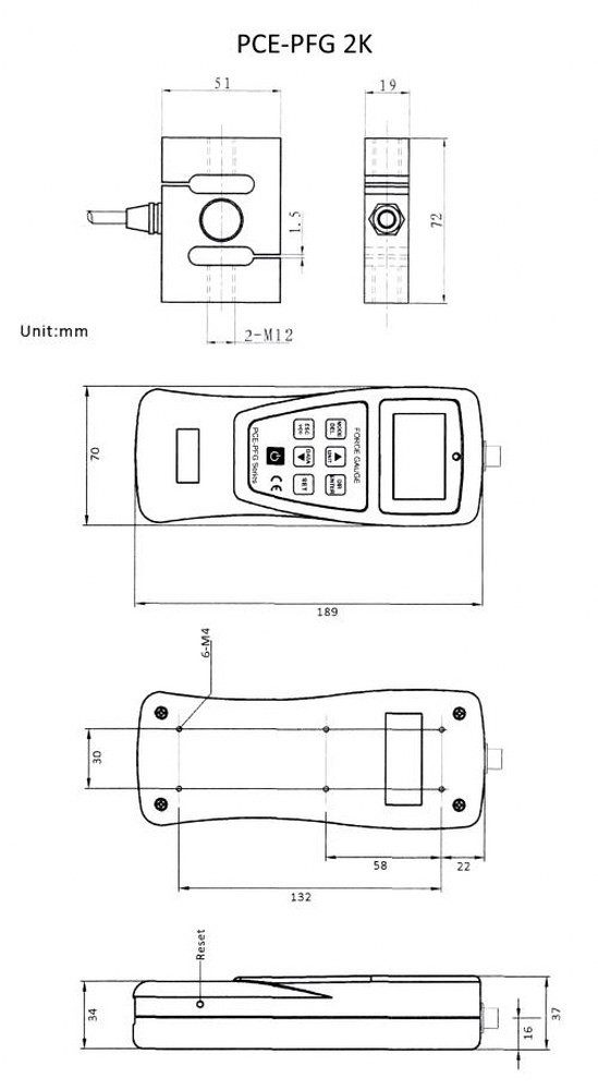 PCE Instruments Spannungsprüfer Kraftmessgerät PCE-PFG 2K, externe S Kraftmesszelle ...