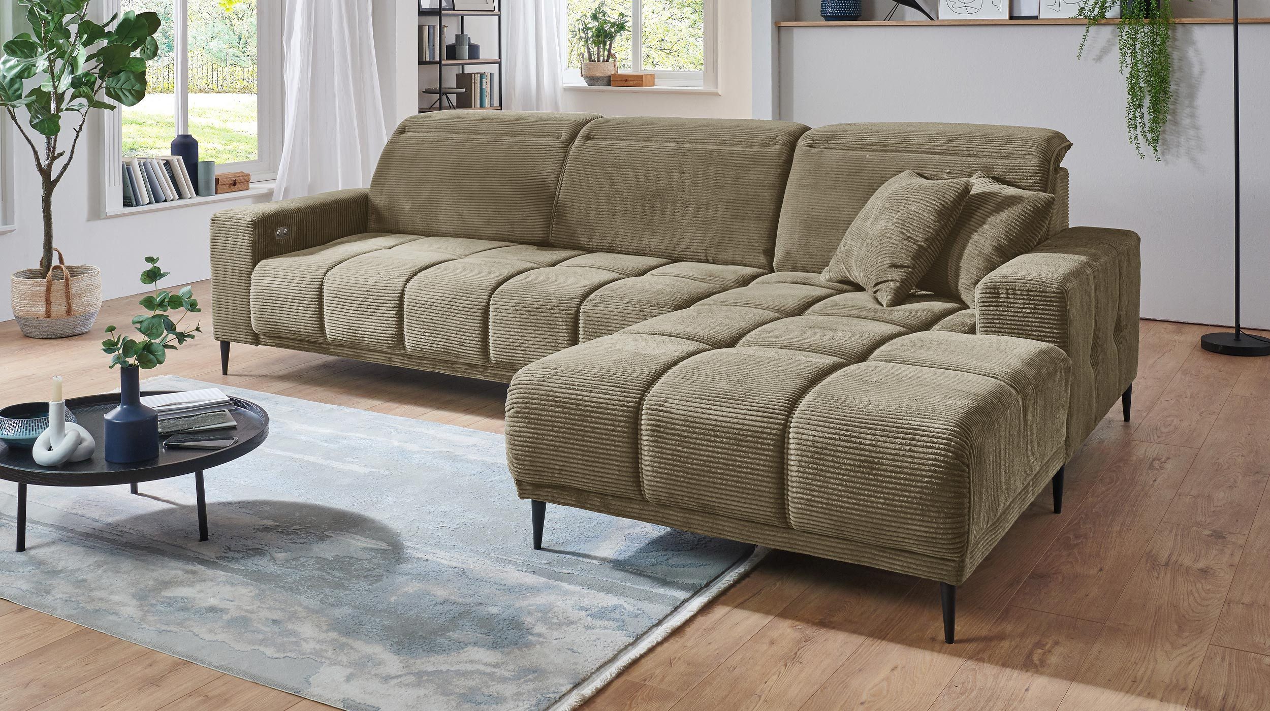 Massivart Ecksofa MARISOL Cord grau beige rost grun 286 cm Cordsofa Kopfteilverstellung Sitztiefenverstellung Nosagunterfederung Eckcouch