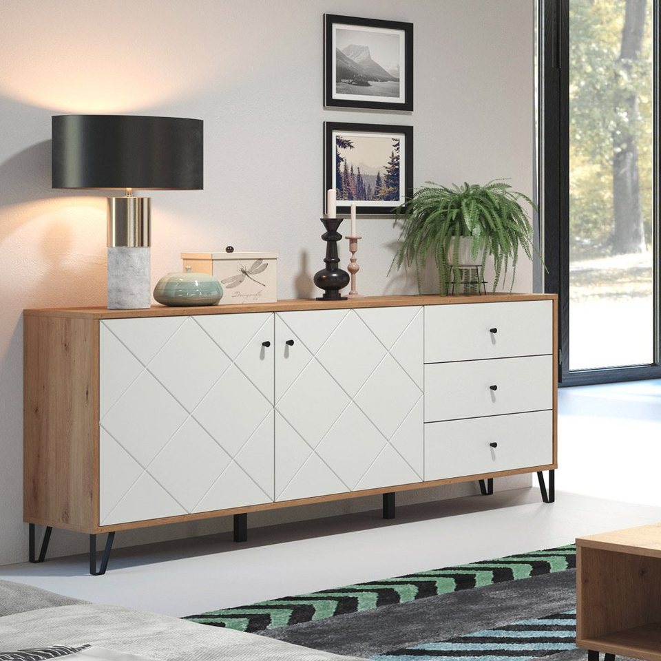 Lomadox Sideboard Torino 19 Artisan Eiche Nb Mit Weiß Matt Und