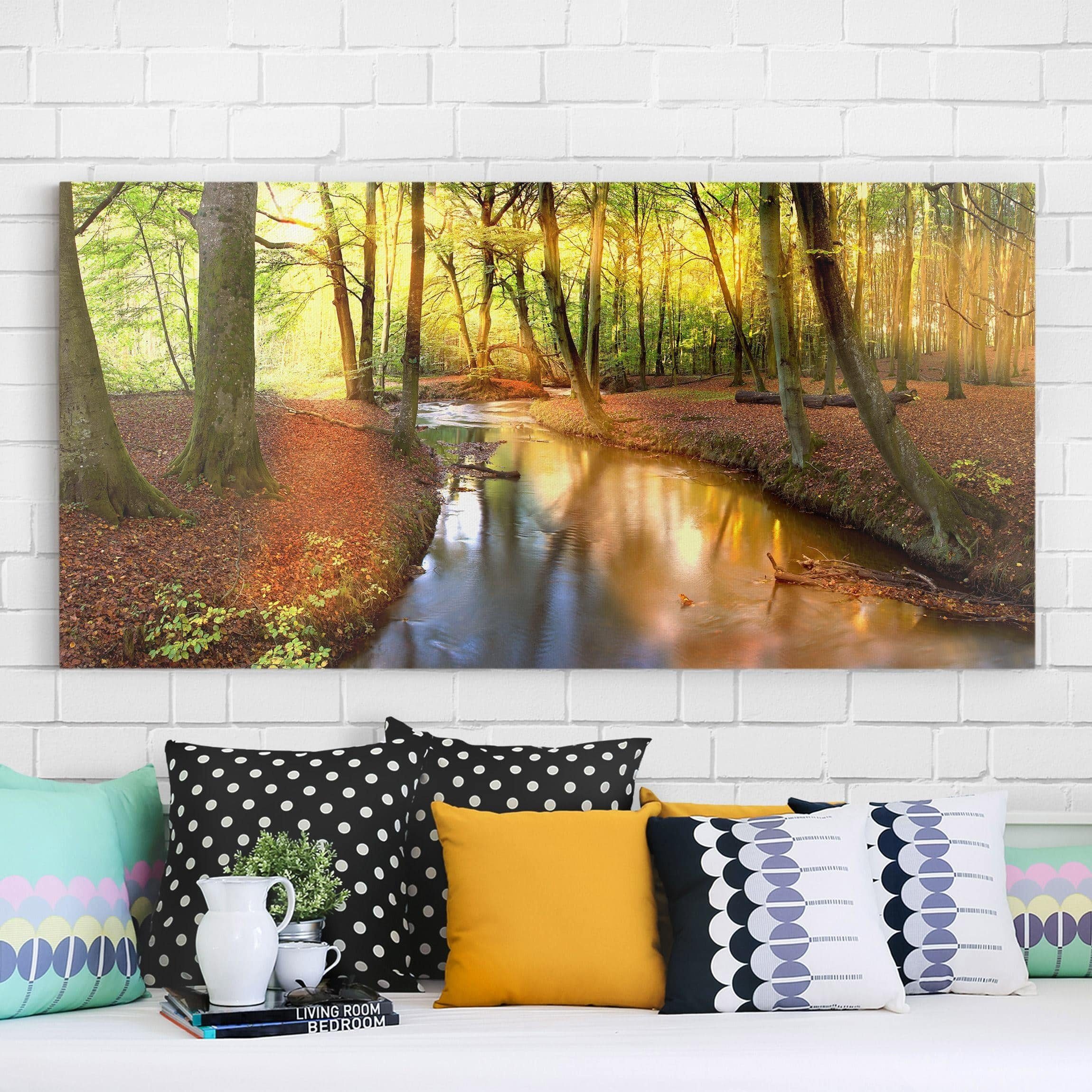 ᐅ Bilderdepot24 Leinwandbild Wald Natur Modern Natur Herbstwald Fluss türkis Bild auf Leinwand ...