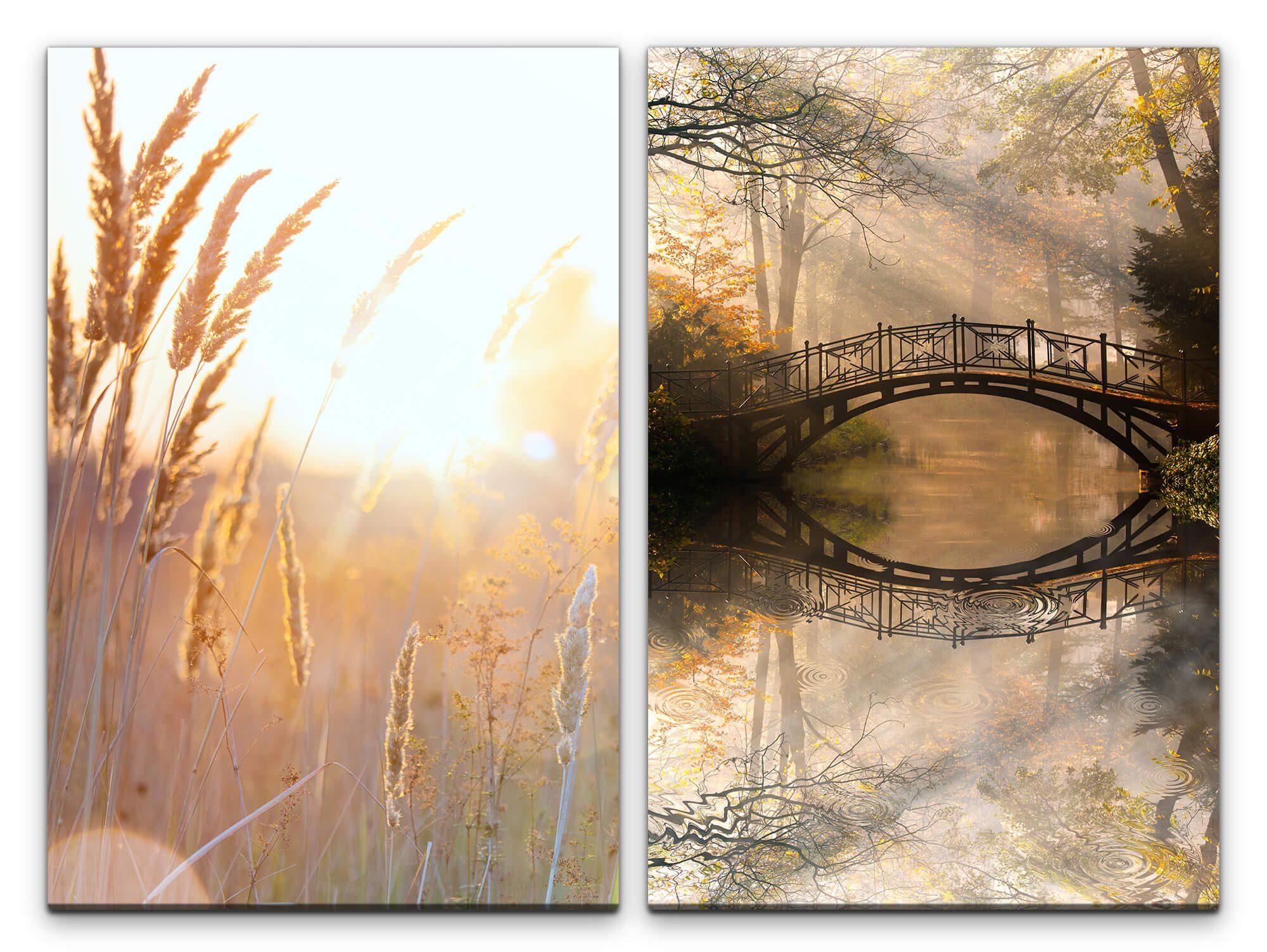 Sinus Art Leinwandbild 2 Bilder Je 60x90cm Weizenfeld Wald Holzbrücke