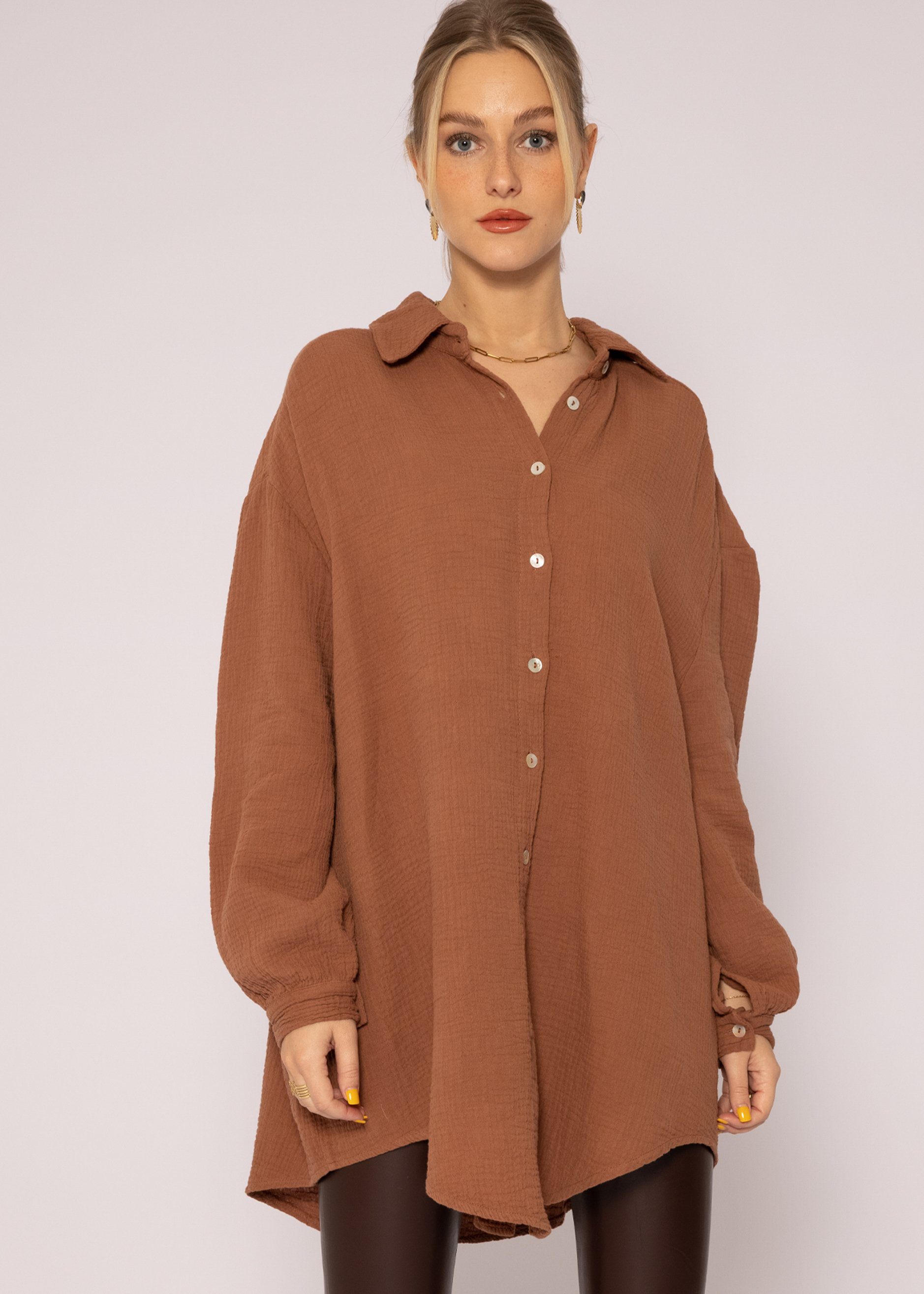 Sassyclassy Longbluse Oversize Musselin Bluse Damen Langarm Hemdbluse
