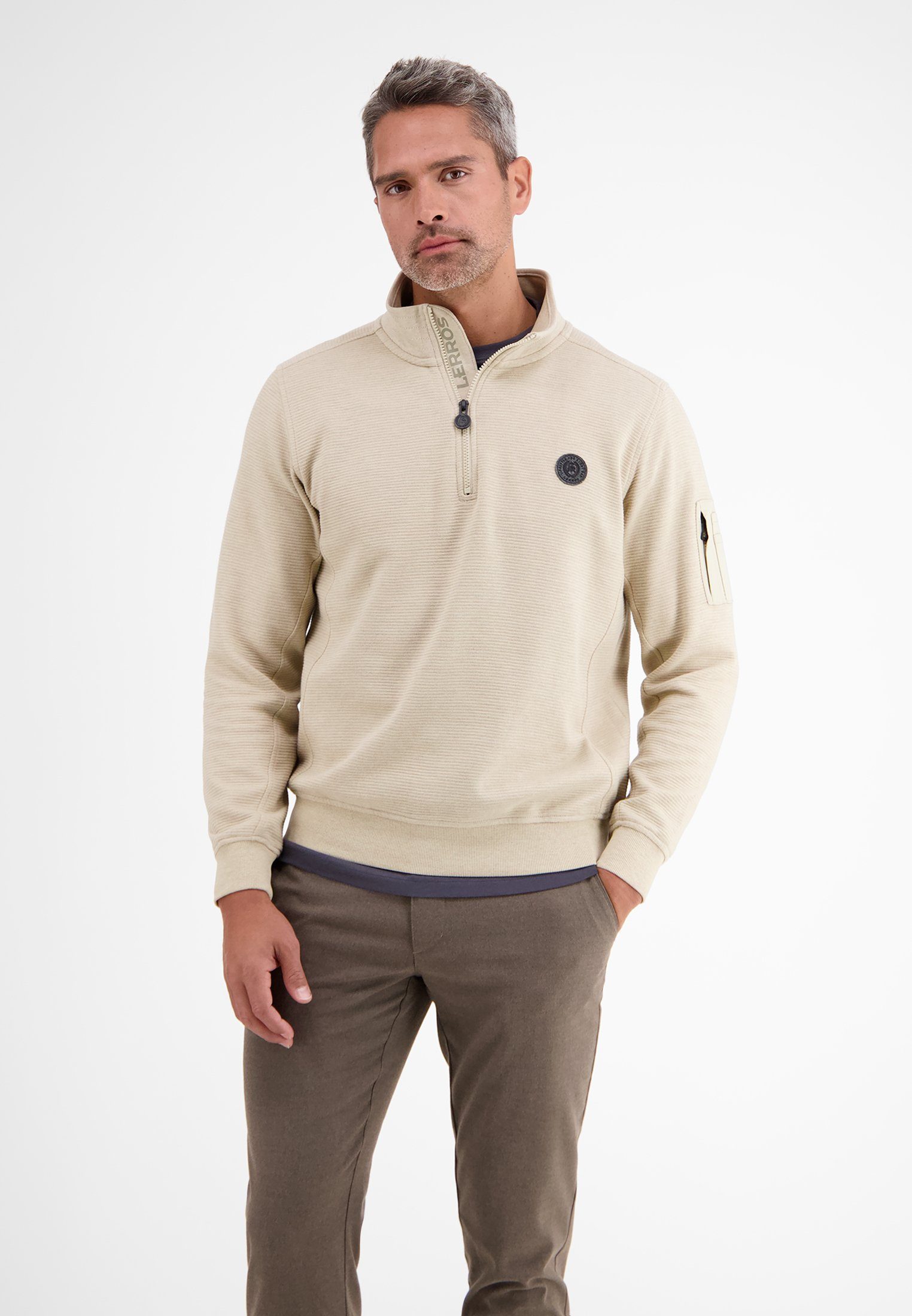 LERROS Sweatshirt LERROS Troyer in Rippstruktur, blau, beige