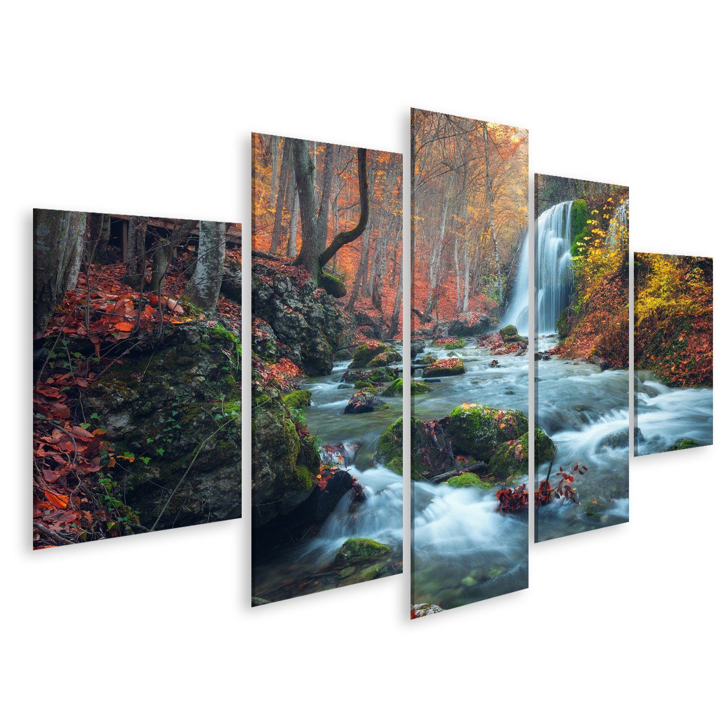 islandburner Leinwandbild Bild auf Leinwand Schöne Wasserfall Herbst Wald Krim Berge Sonne Sonne
